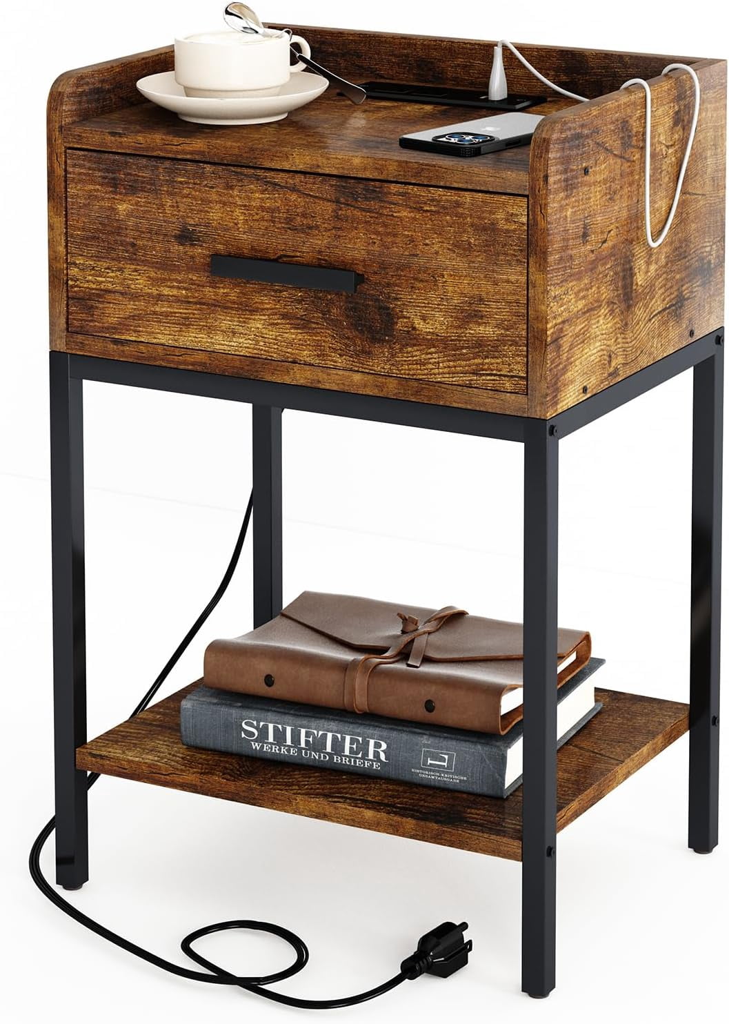 Nightstand with Charging Station, Bedside Table with Universal Serial ...