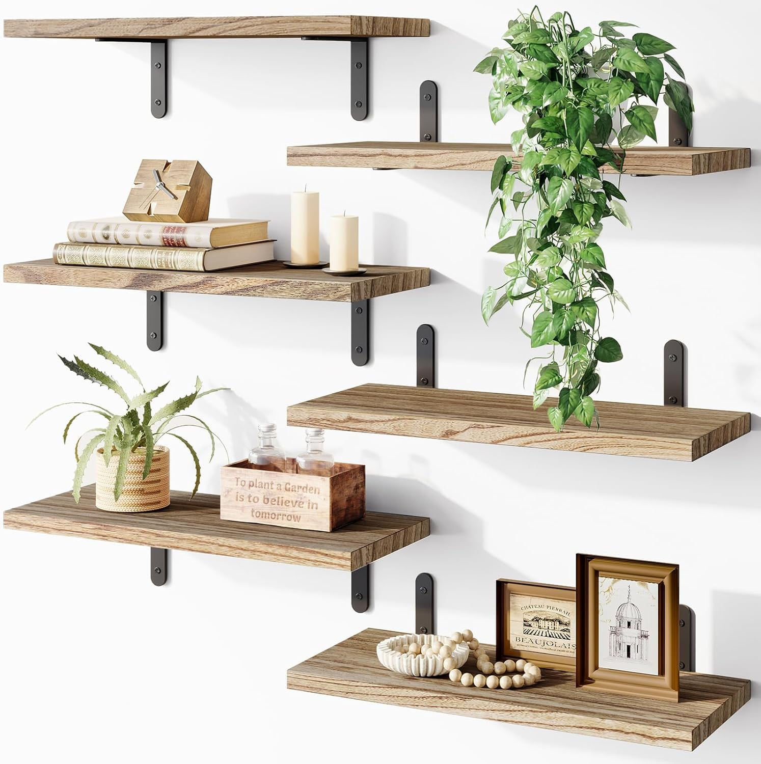 Fixwal Wood Floating Shelves for Wall Decor, Wall Shelves Set of 6 ...