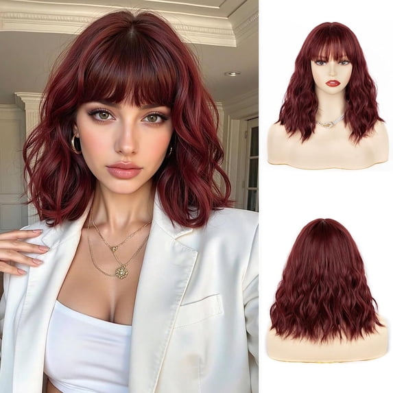 Fiykzur Burgundy Red Wavy Bob Wig with Bangs for Women, 14 Inch ...