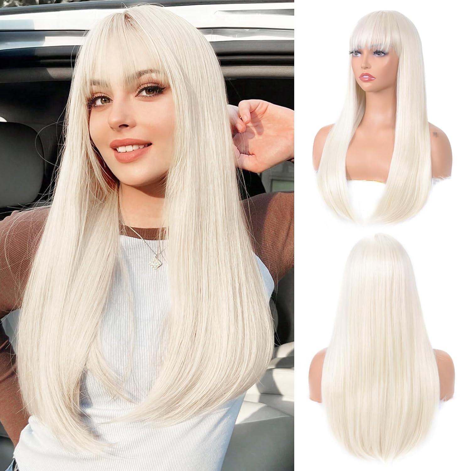 Fiykzur Platinum Blonde Wig with Bangs 24inch Long Straight Wigs for ...