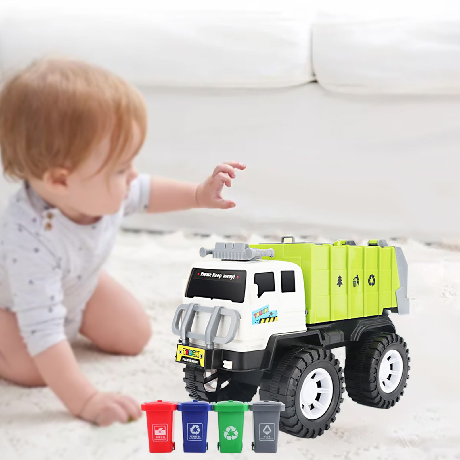 Fjnjuu Toys Cars Sanitation Truck Toy with Four Bins Realistic Garbage ...