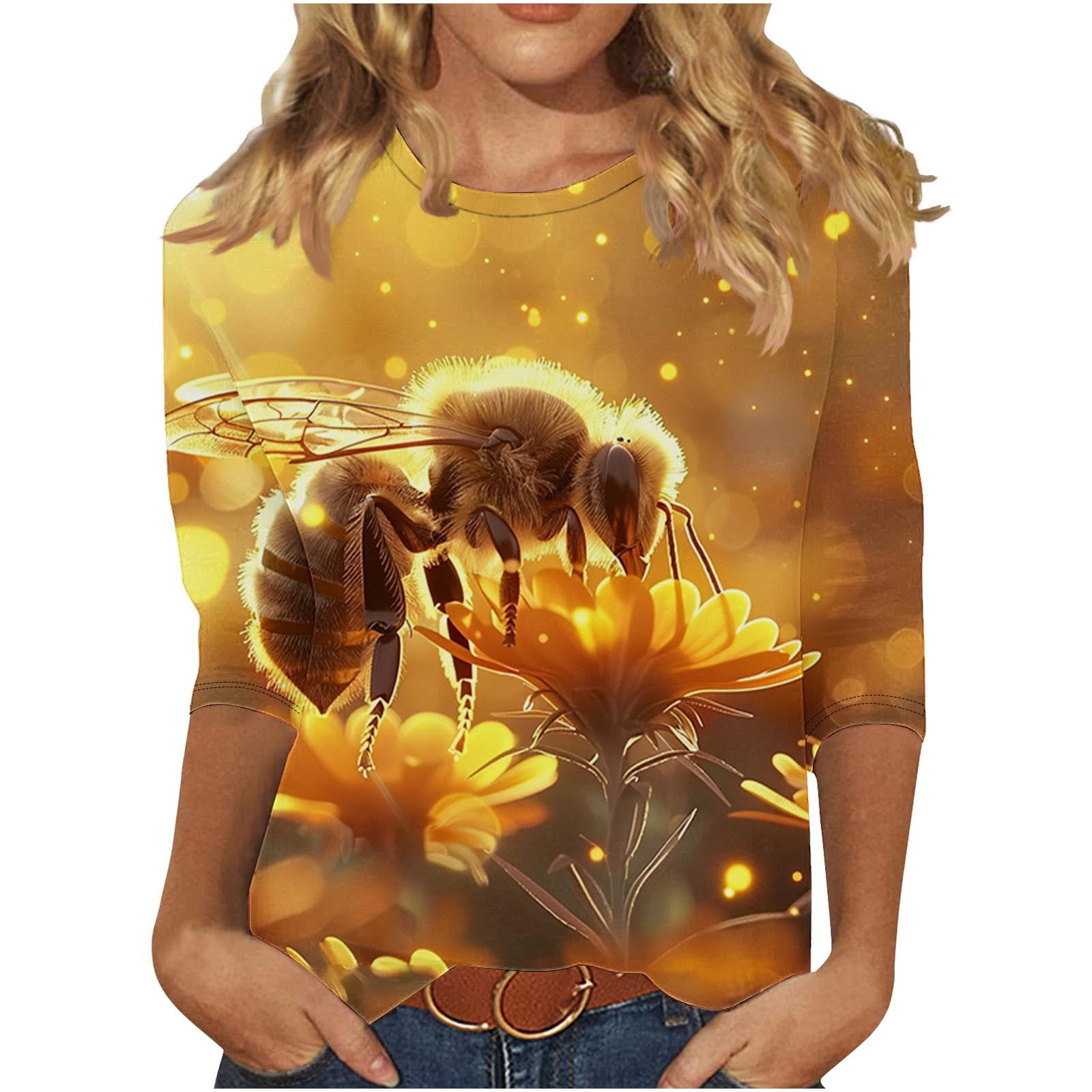 Fjofpr Women'S Clothing Tops Party Women's New Crew-neck 3/4 Cuff Bee ...