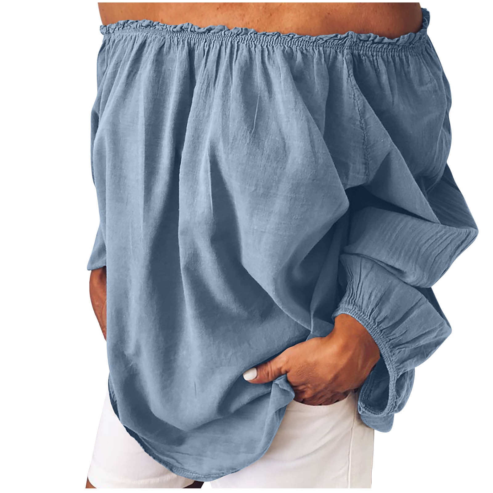 Fjofpr Womens Off The Shoulder Top Plus Size Long Sleeve Casual Solid ...