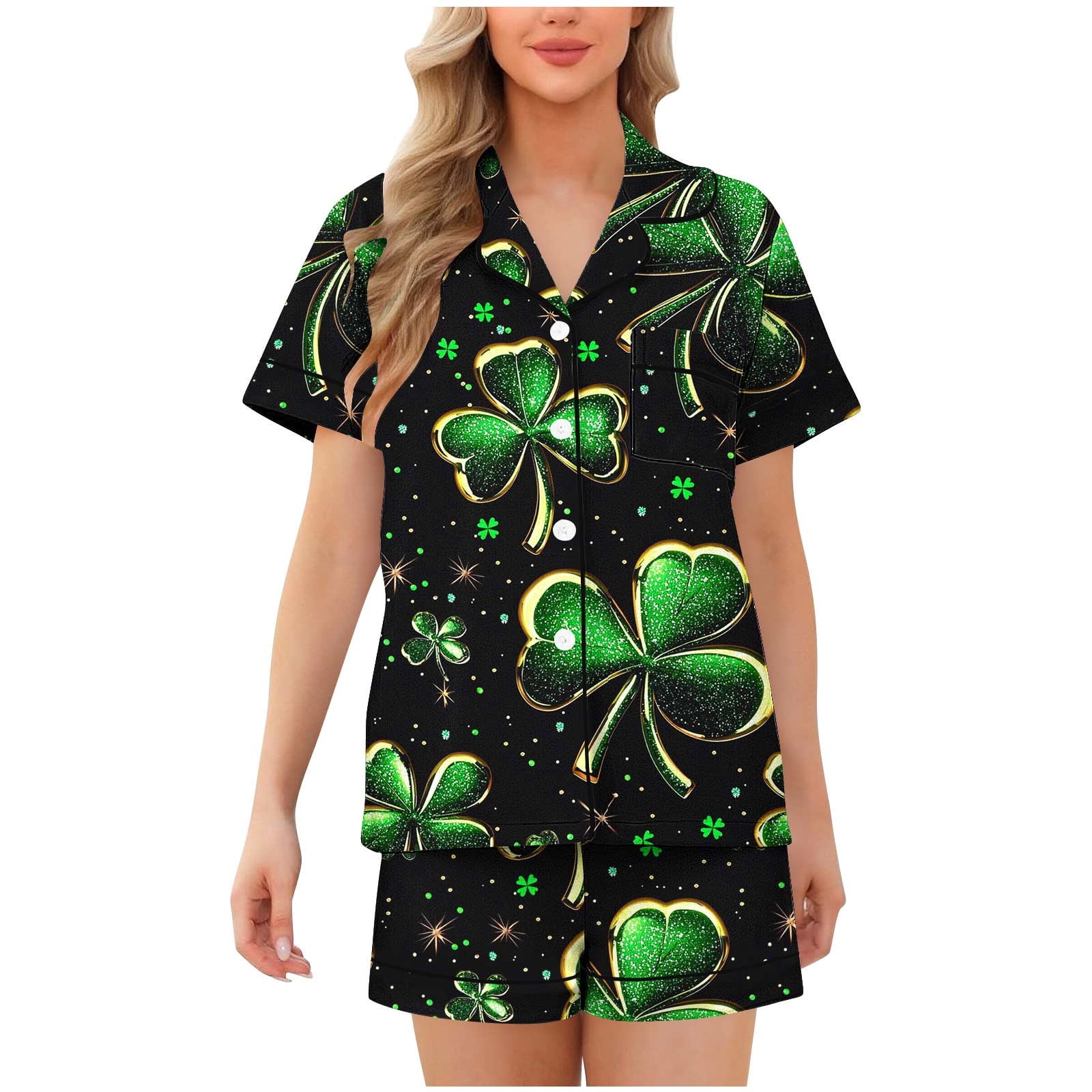 Fjofpr Womens Pajama Sets Short Sleeve Button Up Woman Casual Turndown ...