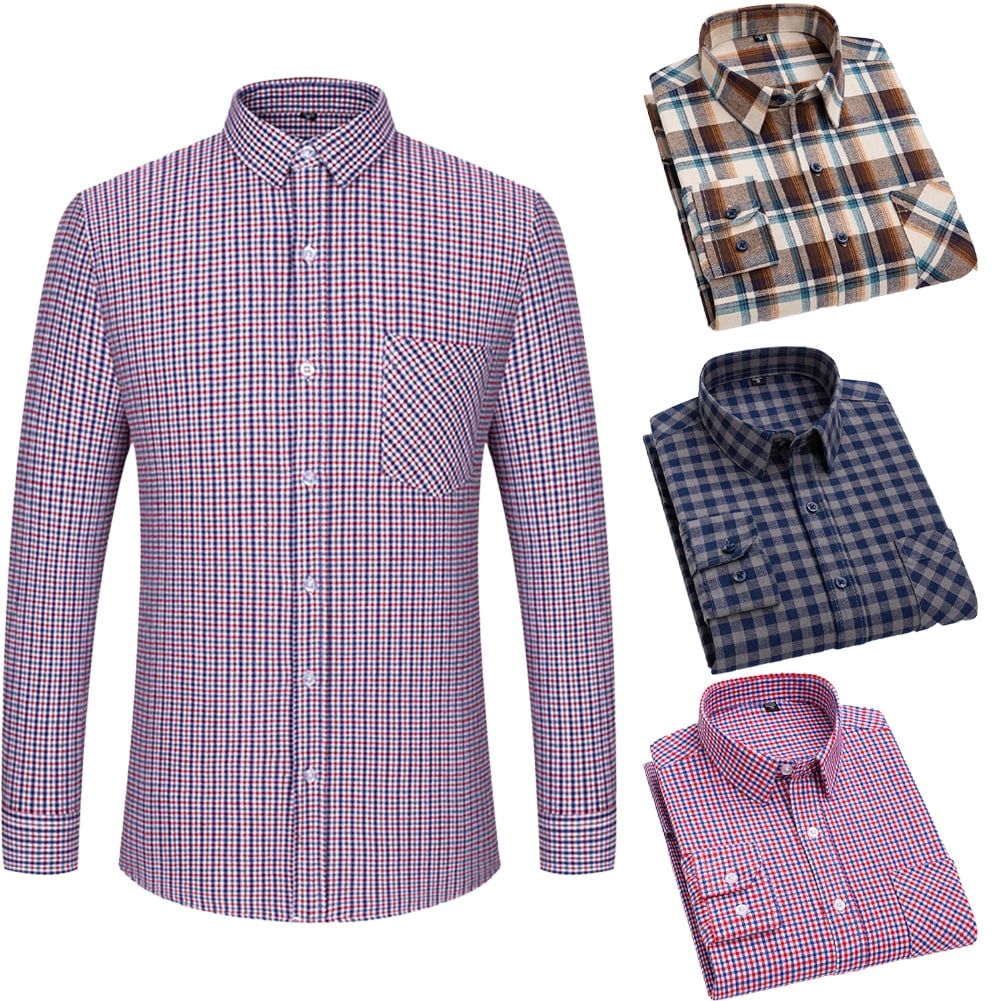 Fjuchai Mens Button down Shirts Cotton Plaid Dress Shirts Spring Fall ...