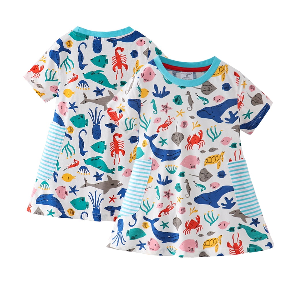 Fjuchai Summer Girls Printing Dress Kids Toddler Short Sleeve Sundress ...
