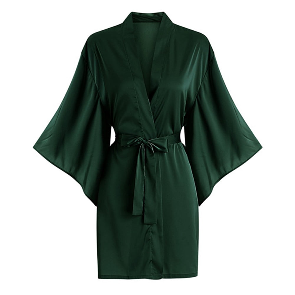 Fjuchai Women's Kimono Robe Slik Bathrobe V Neck Satin Sleep Gown ...