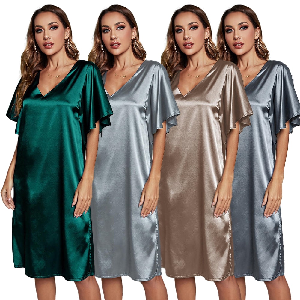 Fjuchai Womens Nightgown Silk Pajamas Summr V-Neck Short Sleeve ...