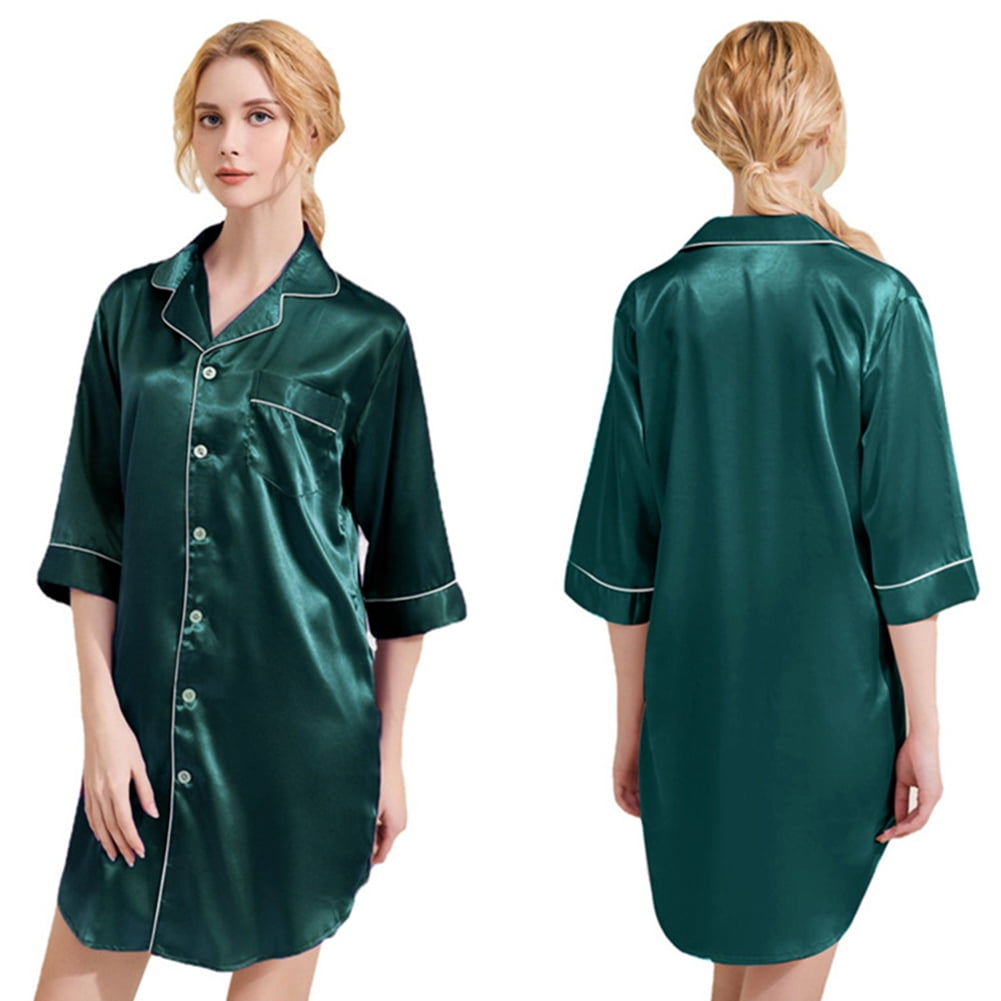 Fjuchai Womens Satin Nightgowns 3/4 Sleeve Silk Sleepwear Summer V Neck ...