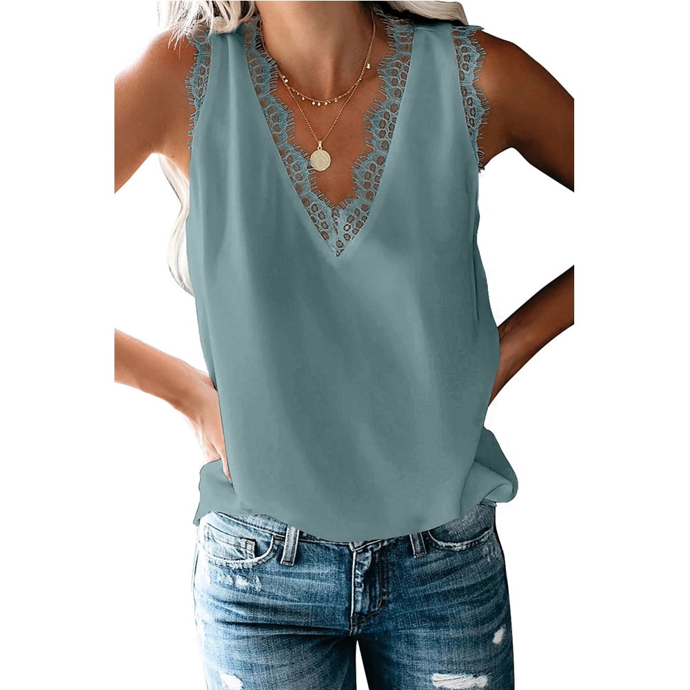 Fjuchai Womens Tank Tops Solid Color T-Shirts for Women Lace Chiffon ...