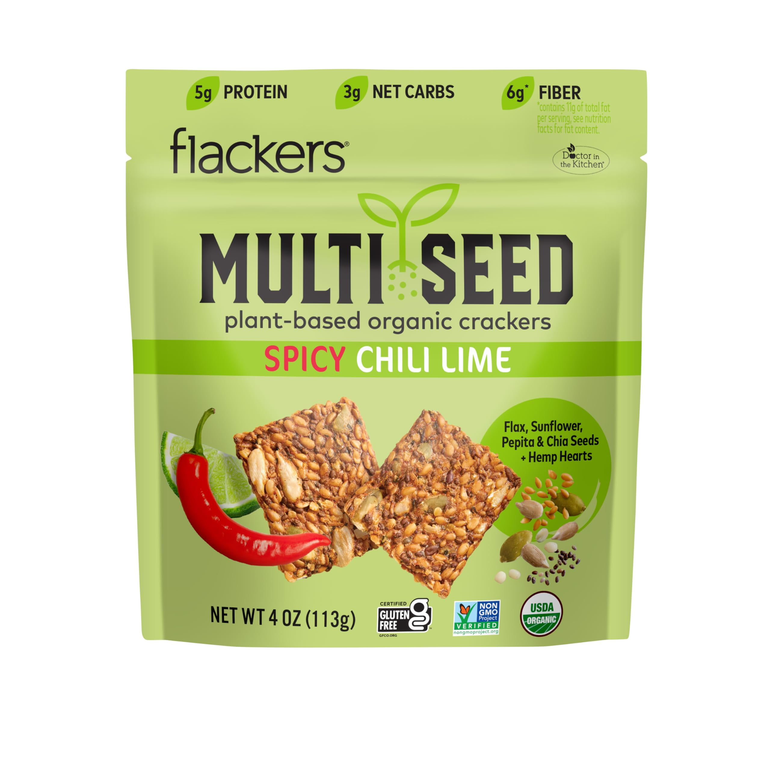Flackers Organic Spicy Chili Lime Multi-Seed Crackers, 4 Ounce 1-Pack, Gluten Free, Non GMO ...