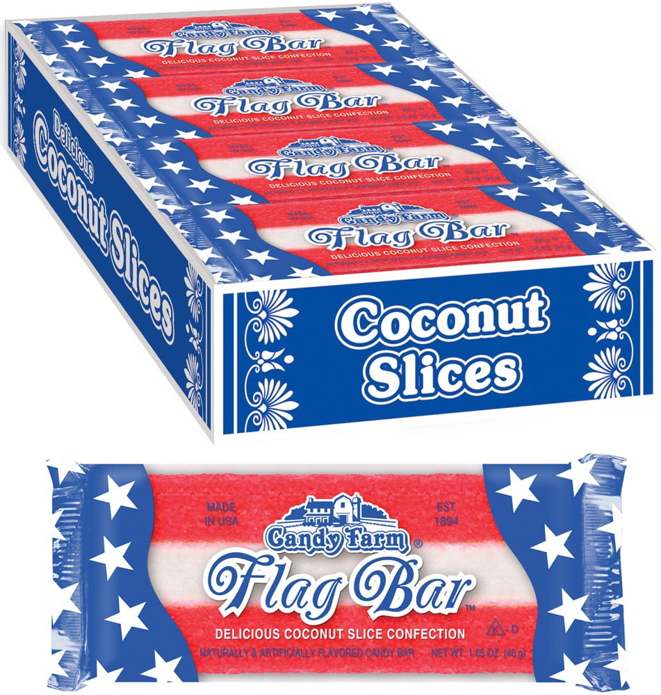 Flag Bar Coconut Candy Slices (24 Red & White striped coconut bars in a ...