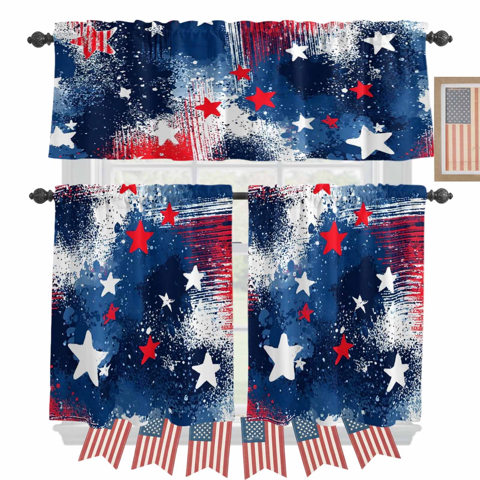 Flag Day Kitchen Curtains Valances 3 Piece Set, U.S. Flag Themed Red ...