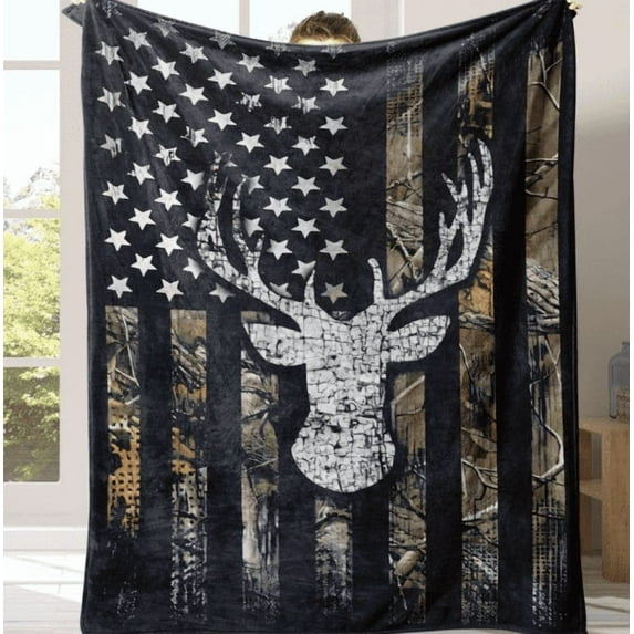 Flag & Deer Head Pattern Flannel Blanket, 1 Count Soft Comfortable Warm ...