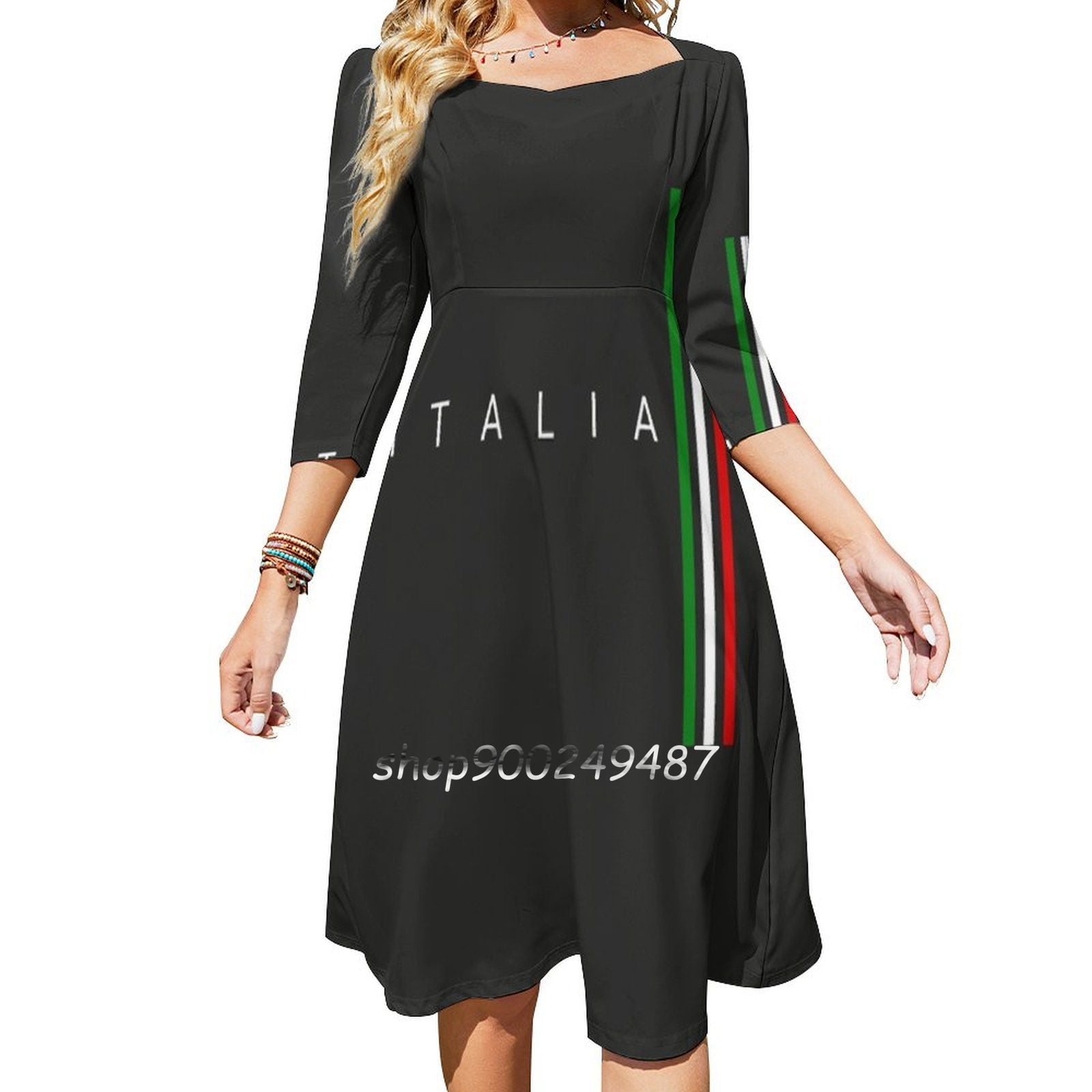 Flag Italy Flare Dress Square Neck Dress Elegant Female Fashion Printed ...