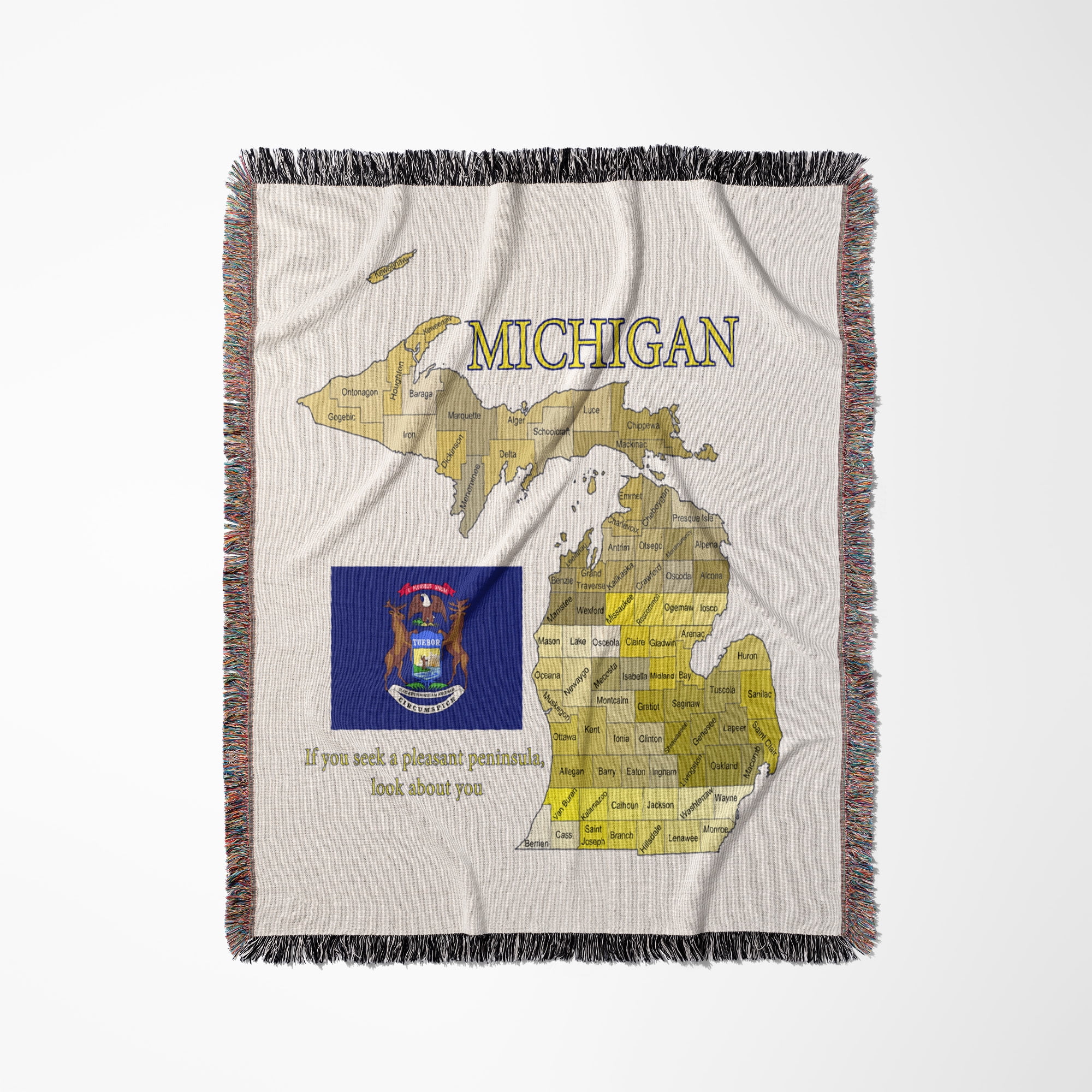 Flag, Map And Motto Of Michigan With All Counties Labeled, Woven ...
