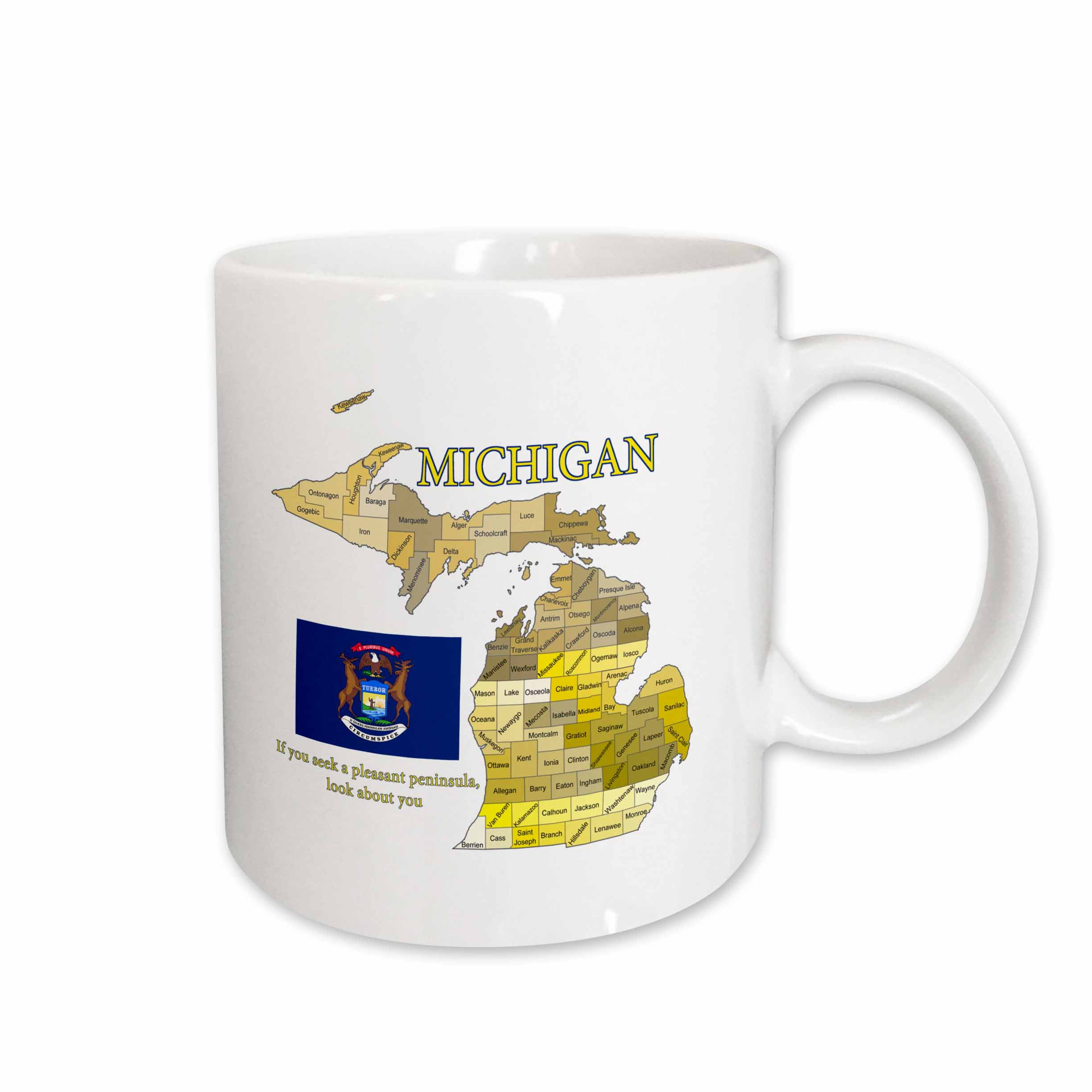 Flag, Map and motto of Michigan with all counties labeled 15oz Mug mug ...