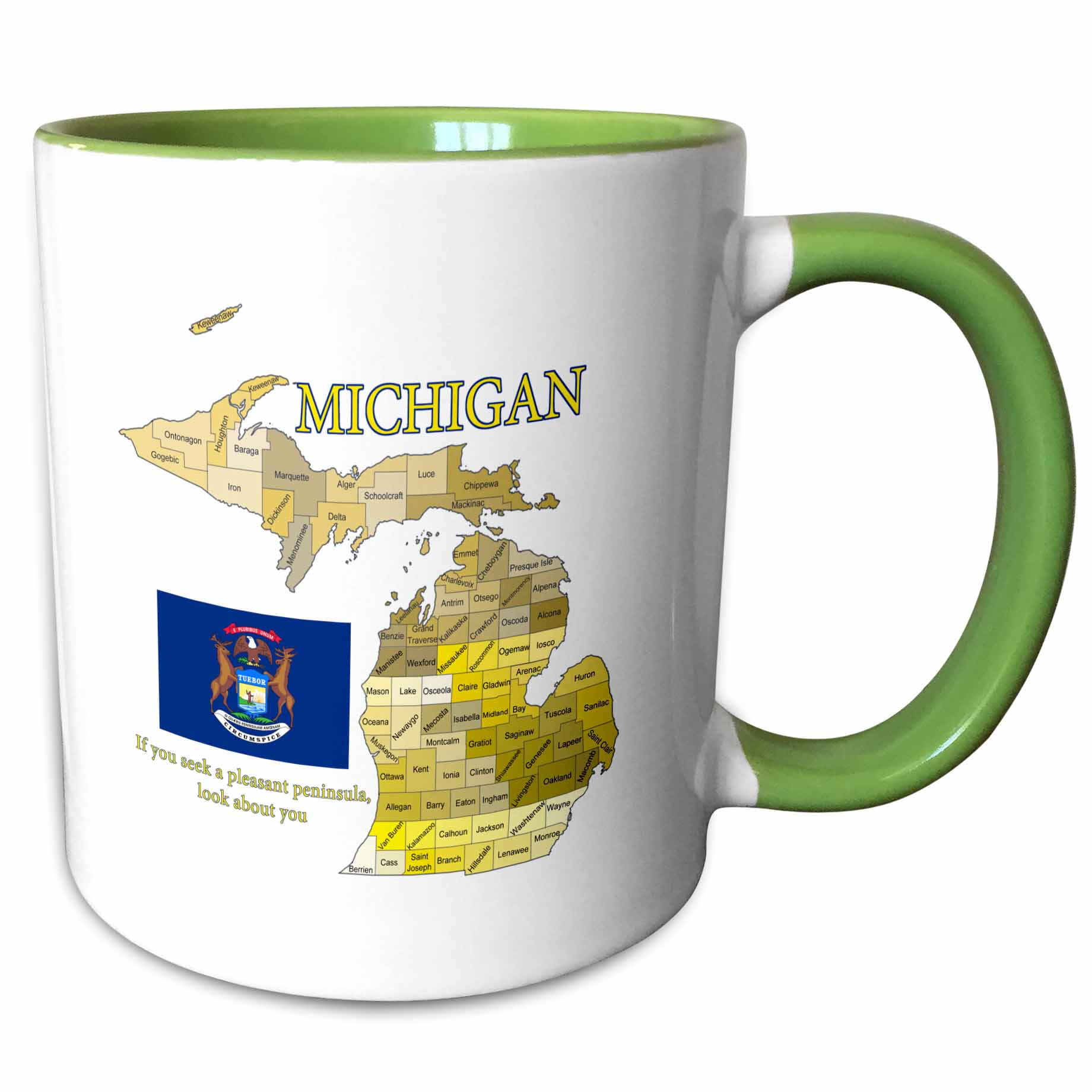 Flag, Map and motto of Michigan with all counties labeled 15oz Two-Tone ...
