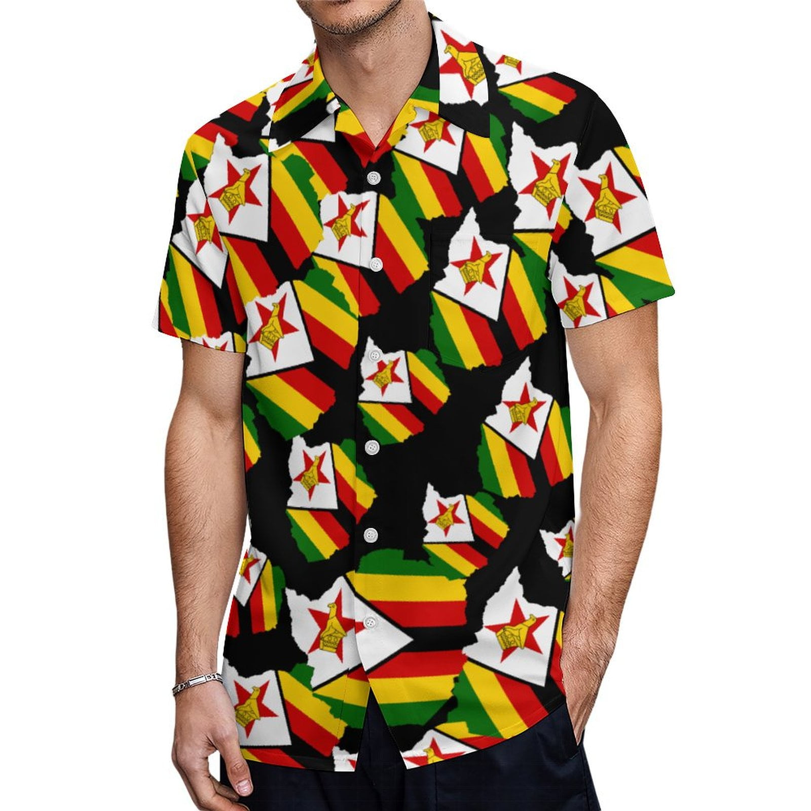 Flag Map of Zimbabwe Mens Hawaiian Shirts Printed Casual Short Sleeve ...