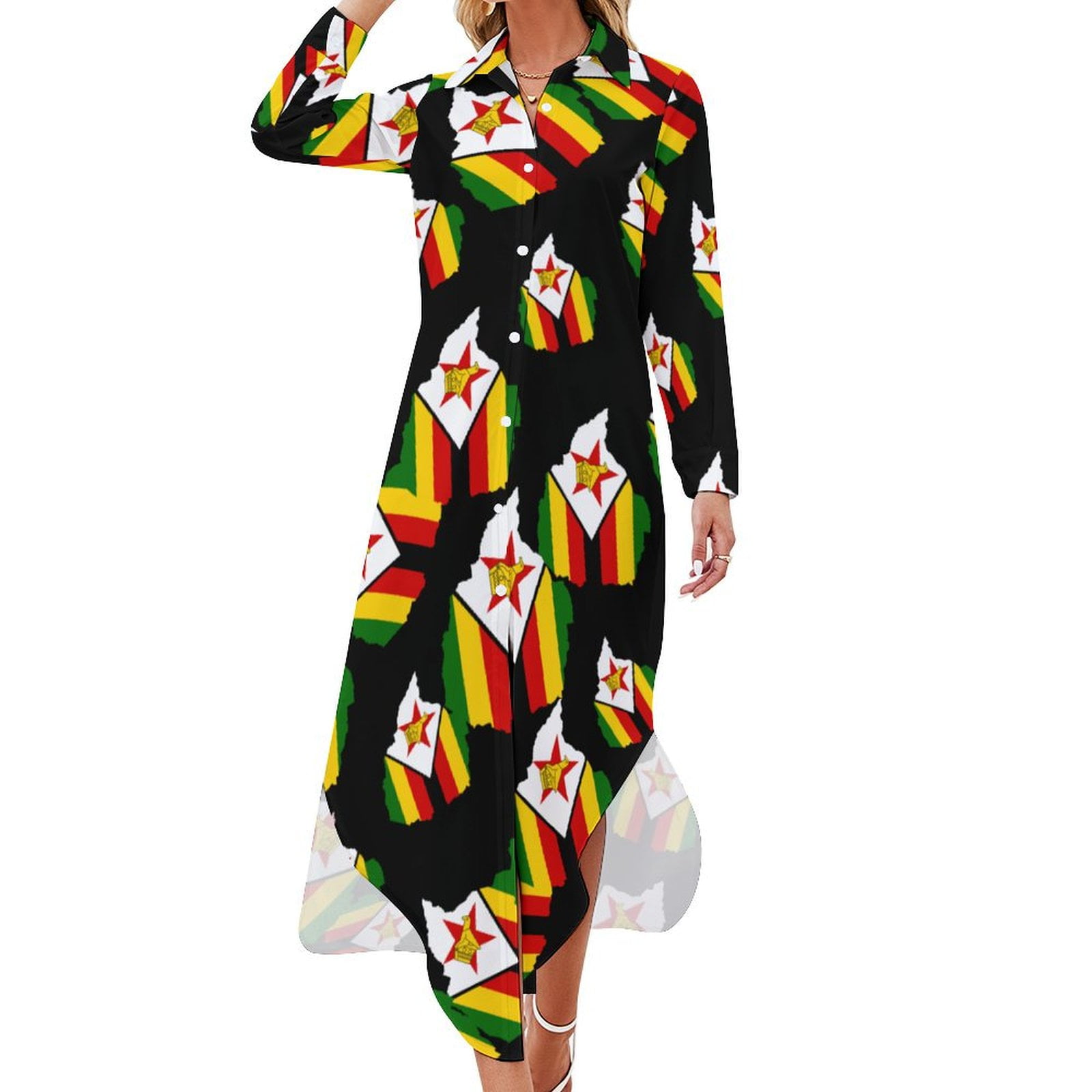 Flag Map of Zimbabwe Women's Maxi T Shirt Dress Long Sleeve Lapel ...