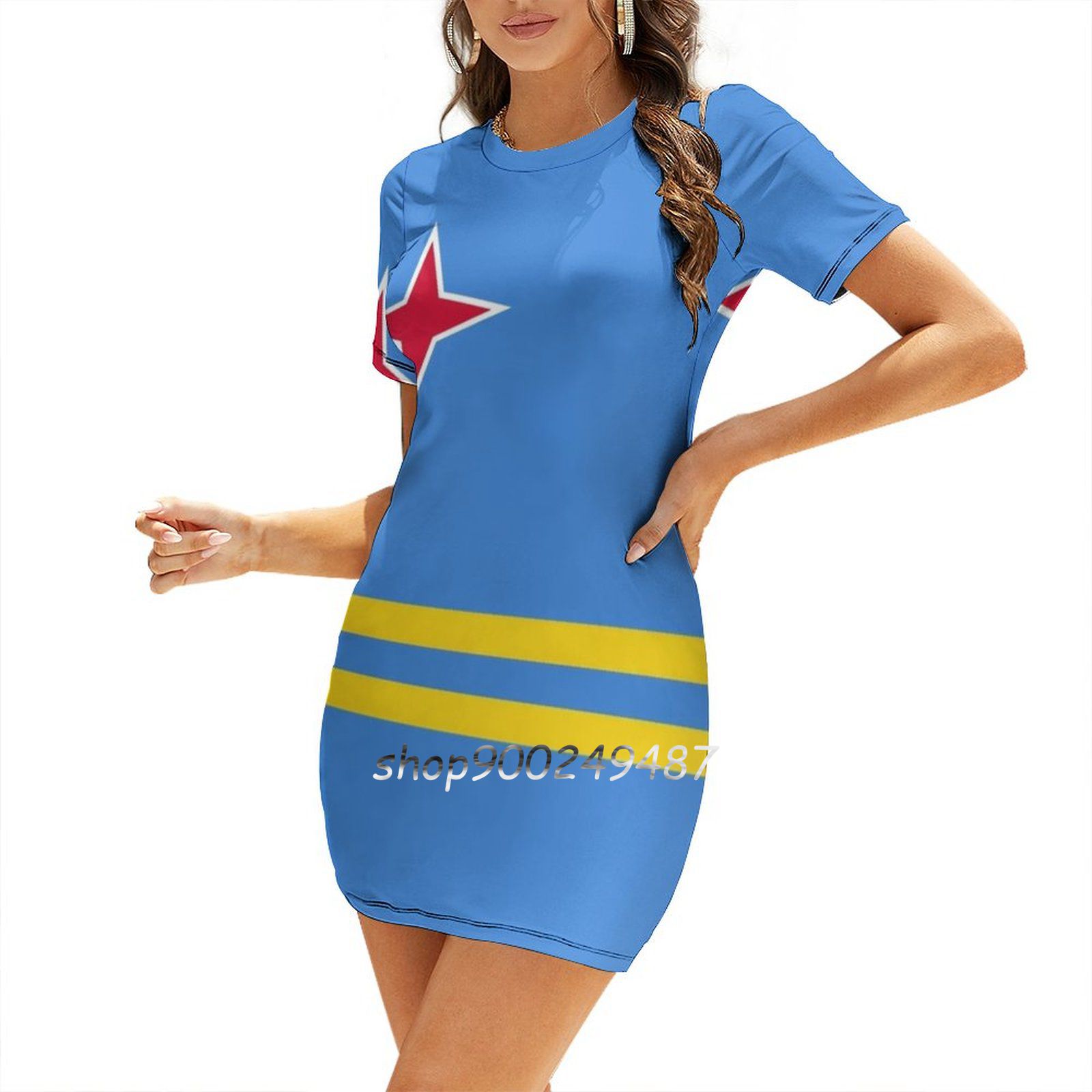 Flag Of Aruba Square Neck Dress New Plus Size Elegant Women Waist Tight ...