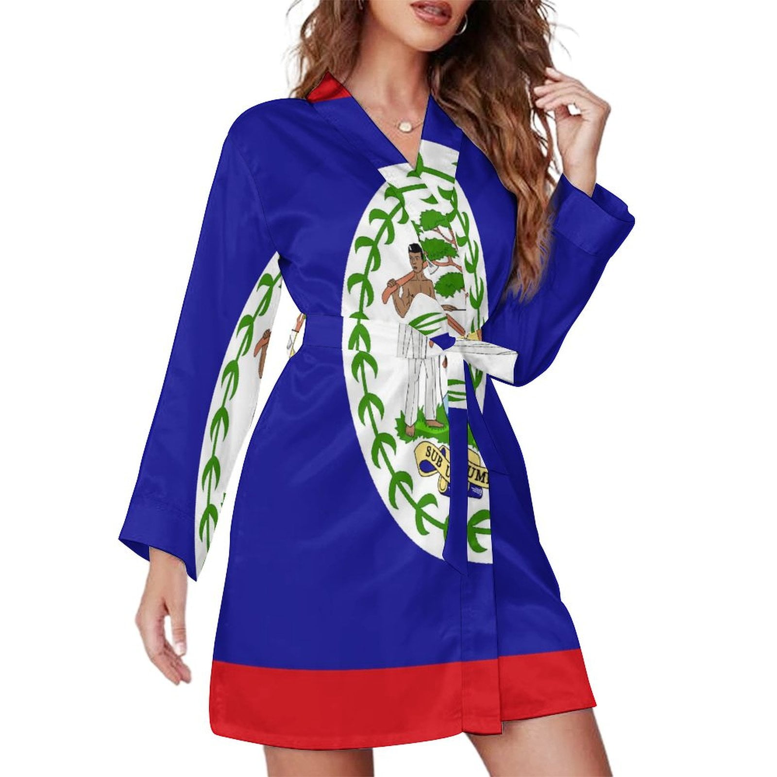 Flag Of Belize Night Robe Long Sleeve V Neck Robe With Belt Women's ...