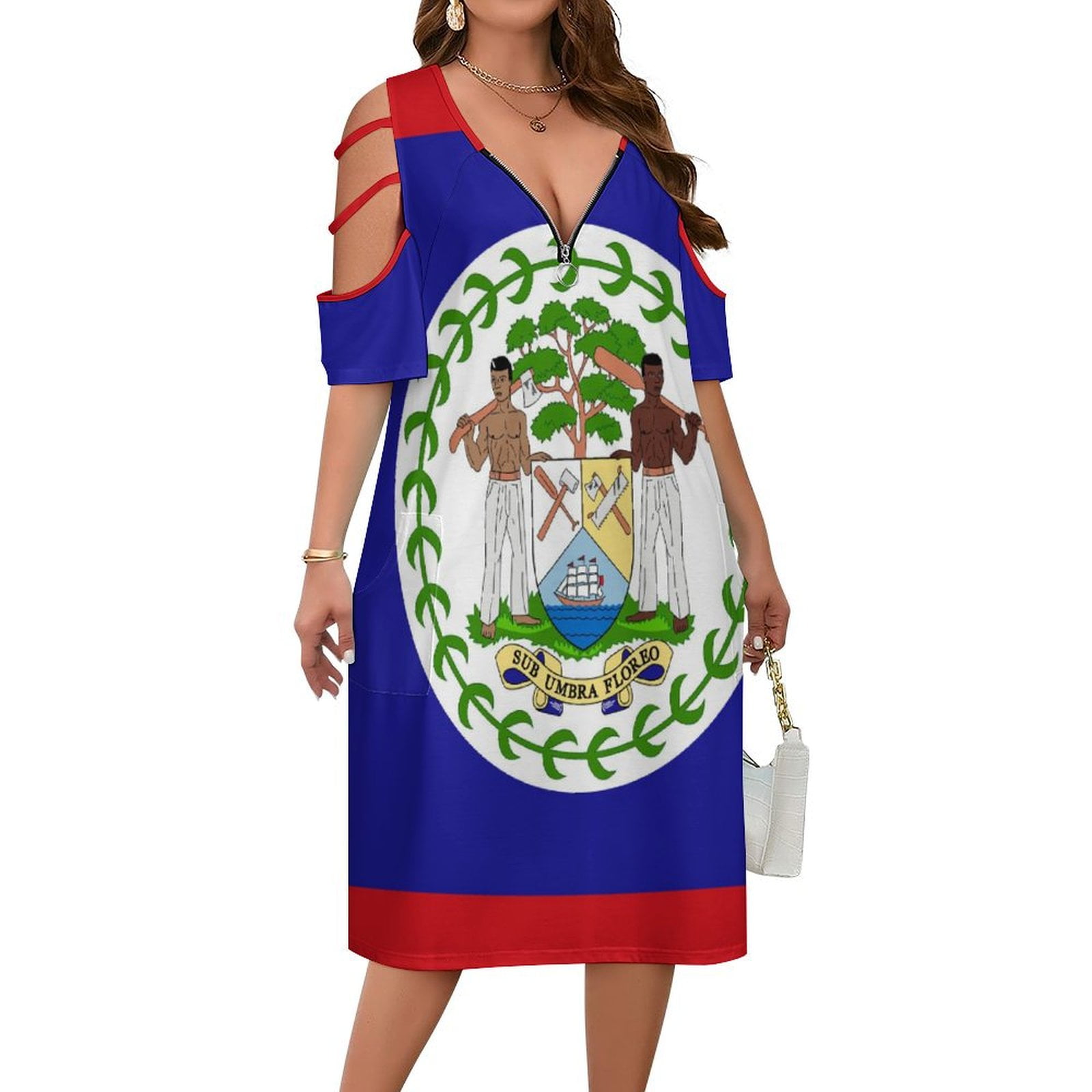 Flag Of Belize Zipper V Neck Short Sleeve Dress Women Dress Summer ...