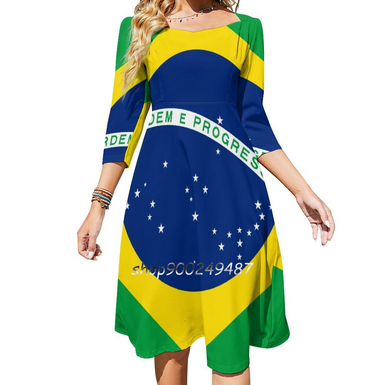 Flag Of Brazil Square Neck Dress Cute Loose Print Dresses Elegant Beach ...