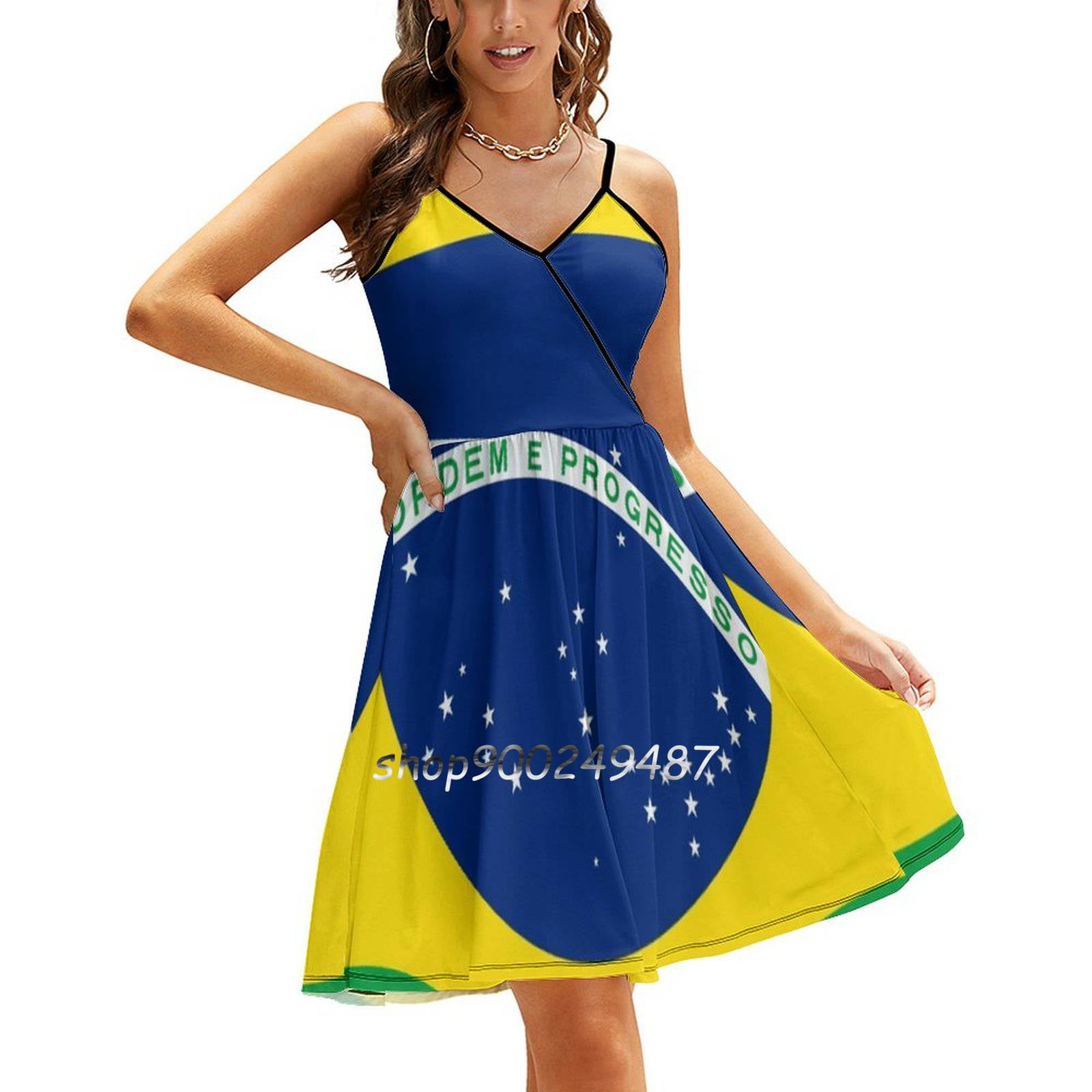 Flag Of Brazil Square Neck Dress Cute Loose Print Dresses Elegant Beach ...