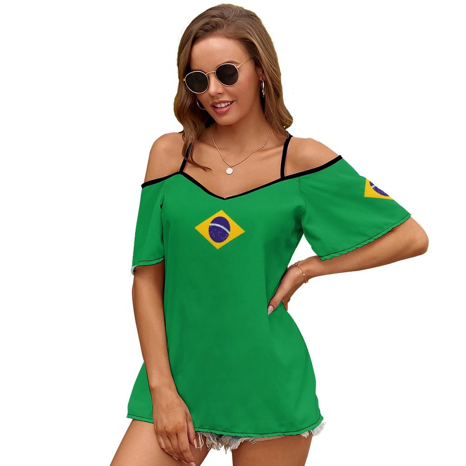 Flag Of Brazil Women'S T-Shirt Summer Fashion Print Floral V-Neck ...