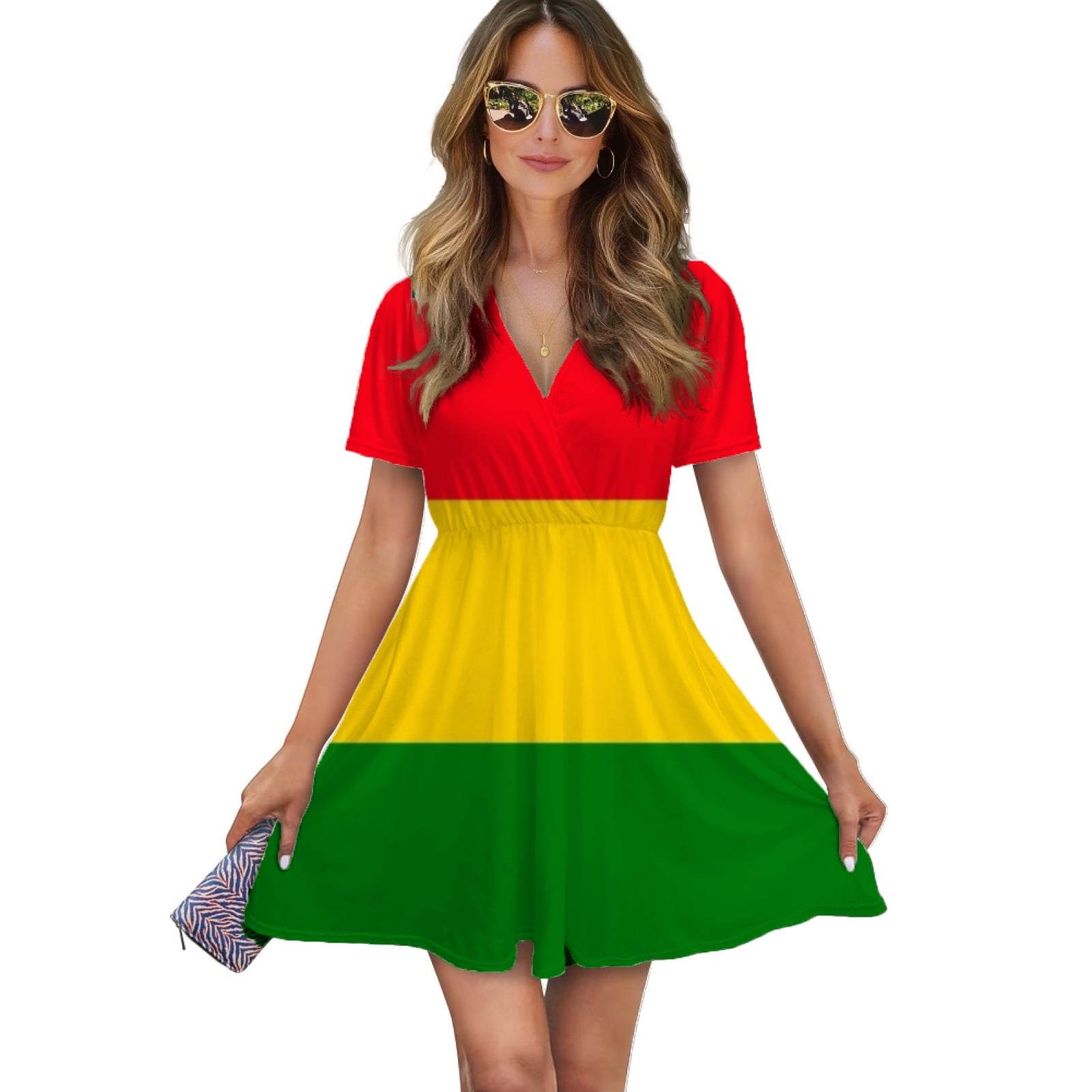 Flag Of Guinea Women Dress V-Neck Short Sleeve Flowy Swing Party Midi ...