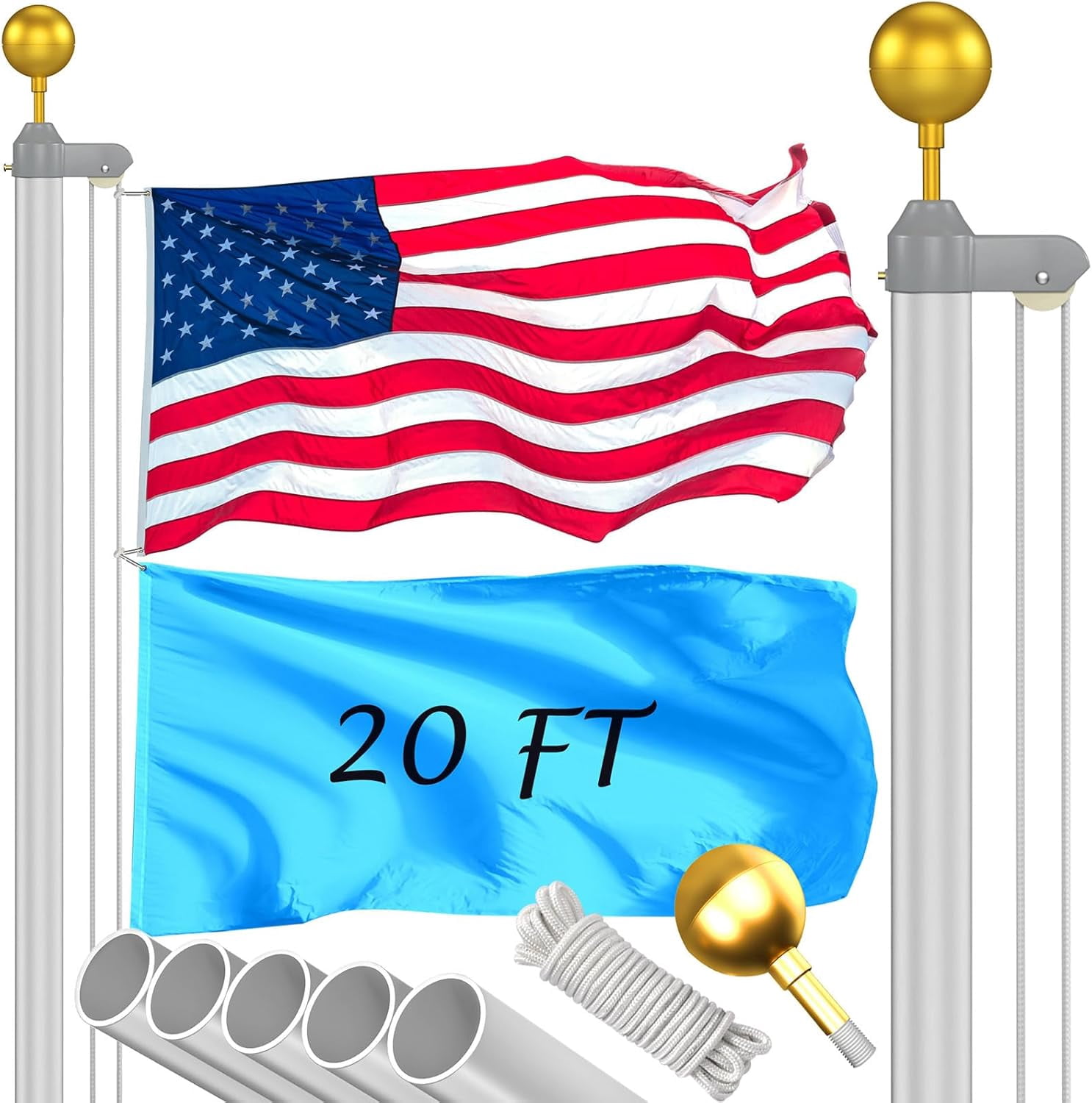 Flag Pole Kit 20FT, 12 Gauge 1.8mm Thickness Heavy Duty Flag Poles with ...
