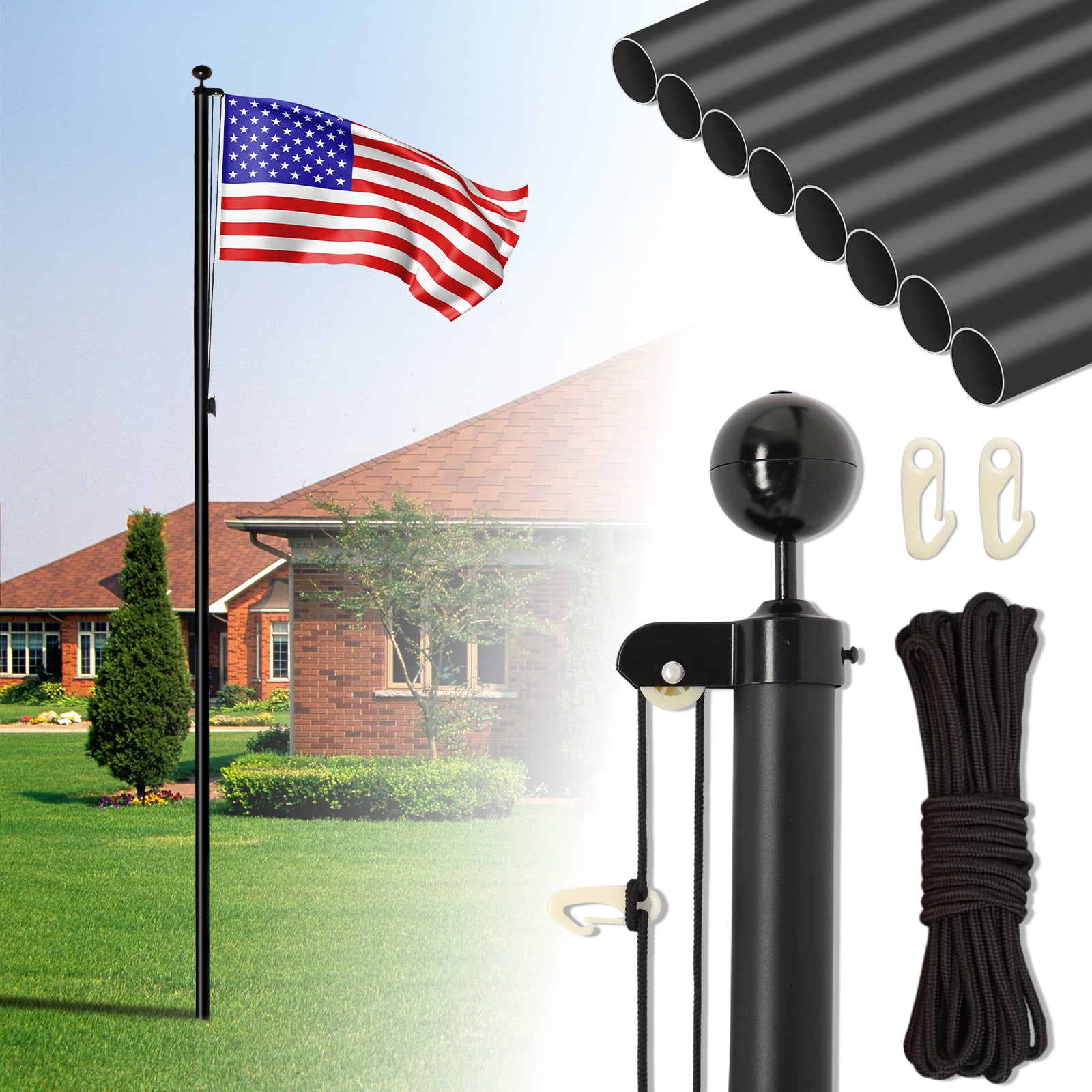 Flag Pole Kit for Outside House in Ground, 25FT Sectional Aluminum ...
