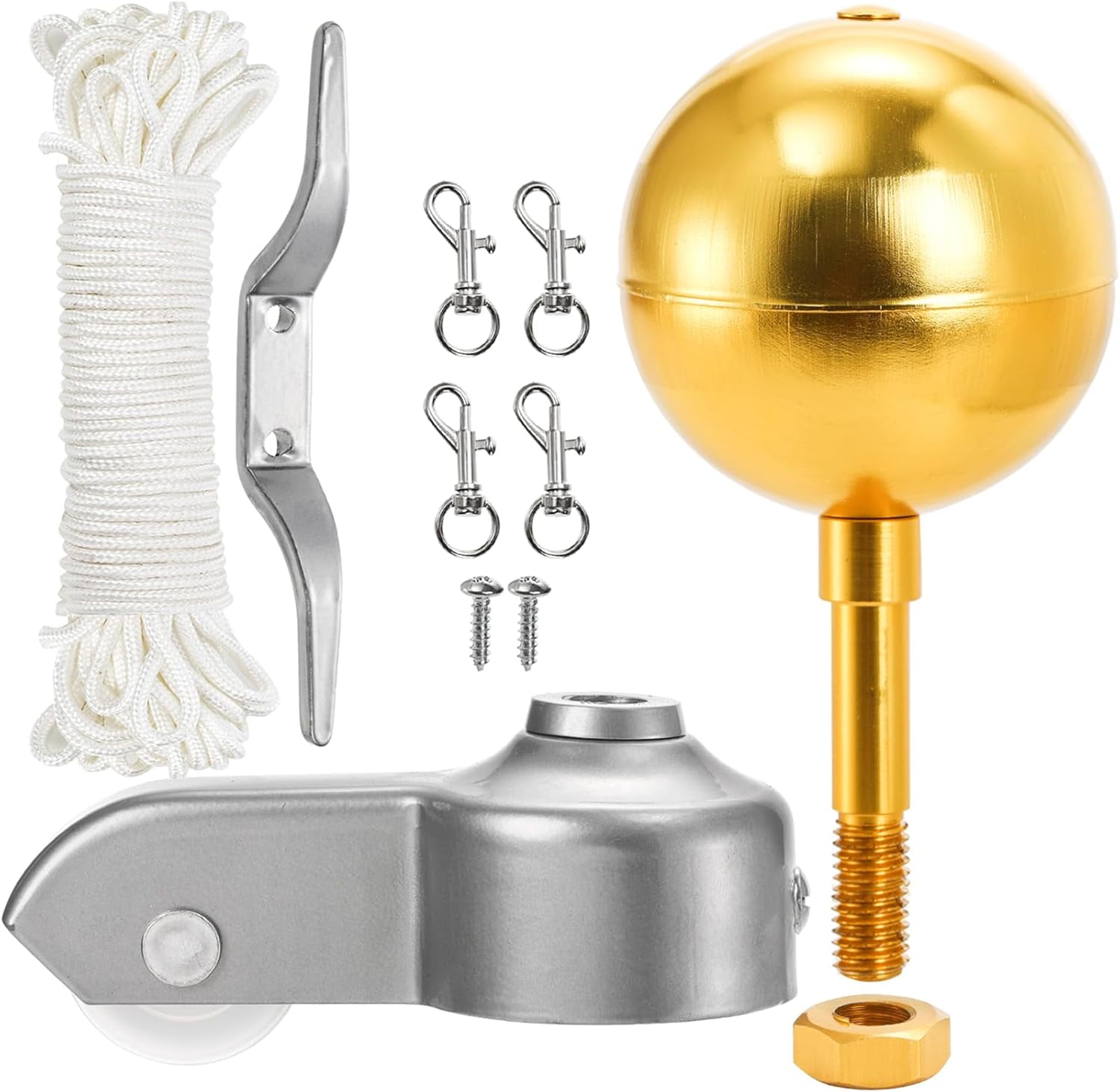 Flag Pole Kits, 3" Gold Ball, 4 PCS Swivel Snap Hooks, Flagpole Pulley ...