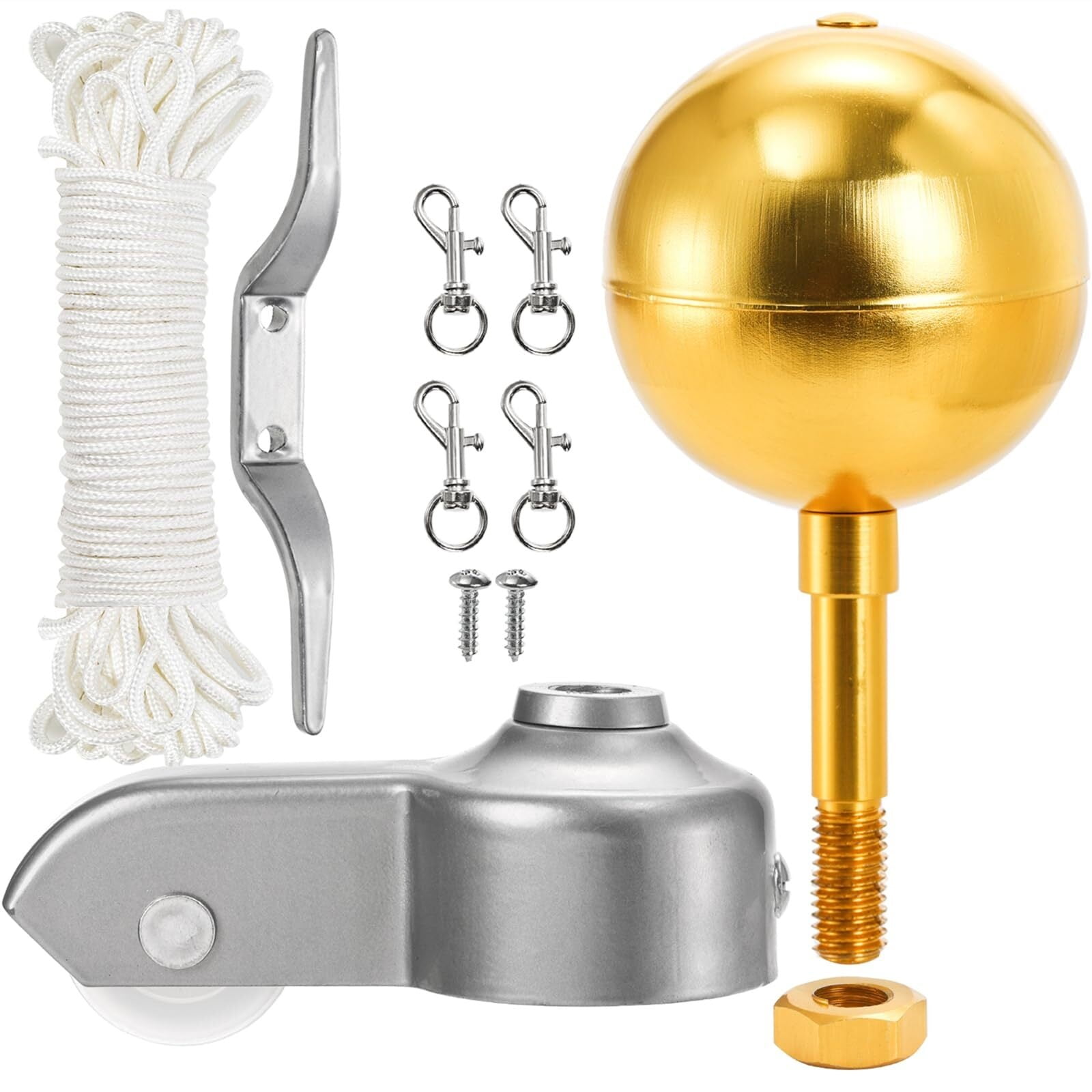 Flag Pole Kits, 3" Gold Ball, 4 PCS Swivel Snap Hooks, Flagpole Pulley ...