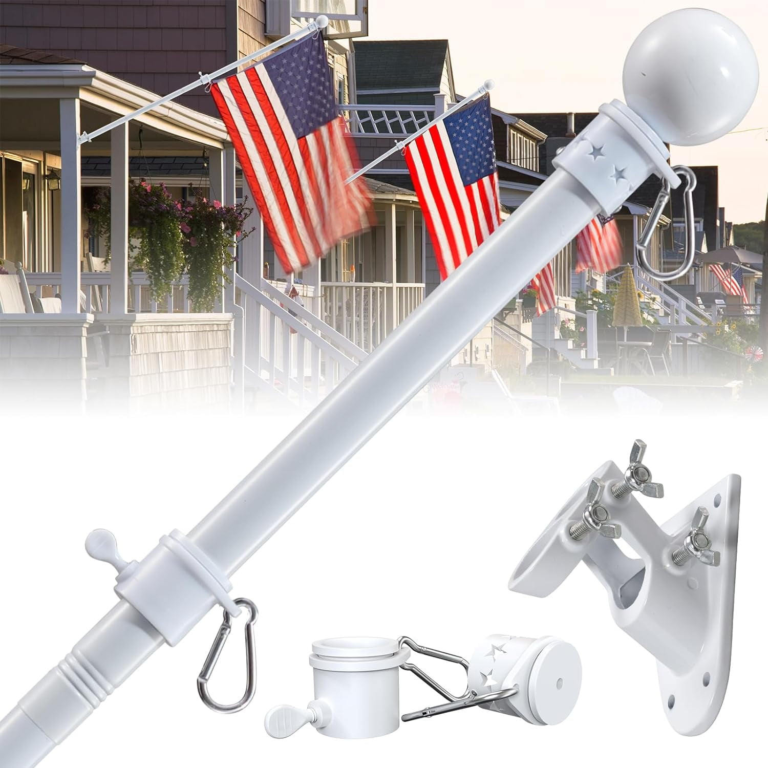 6ft Outdoor Flagpole Kit with Tangle-Free Rings - Heavy Duty Metal ...