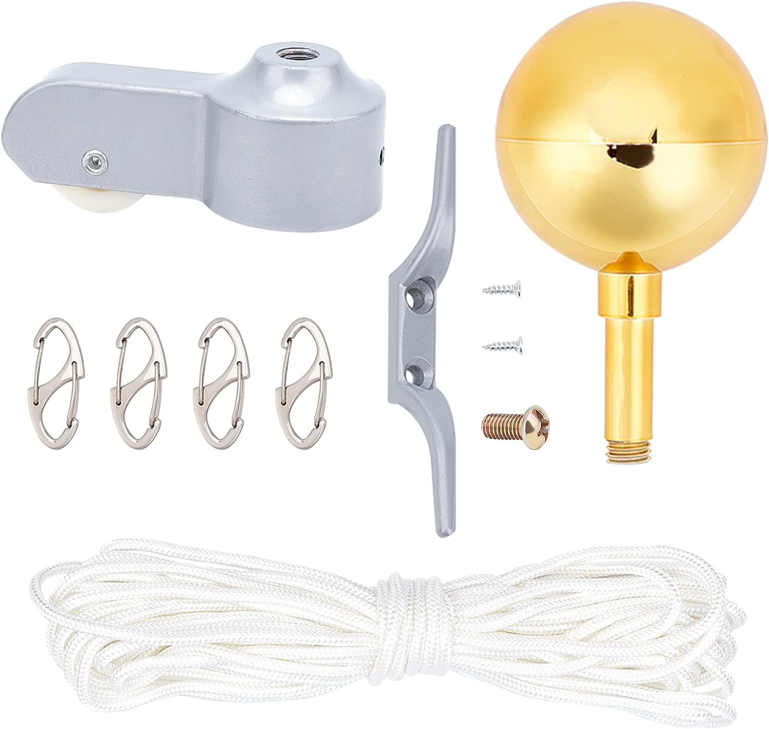 Flag Pole Repair Kit 50 Feet Flag Halyard Rope 2.7" Topper Gold Ball ...