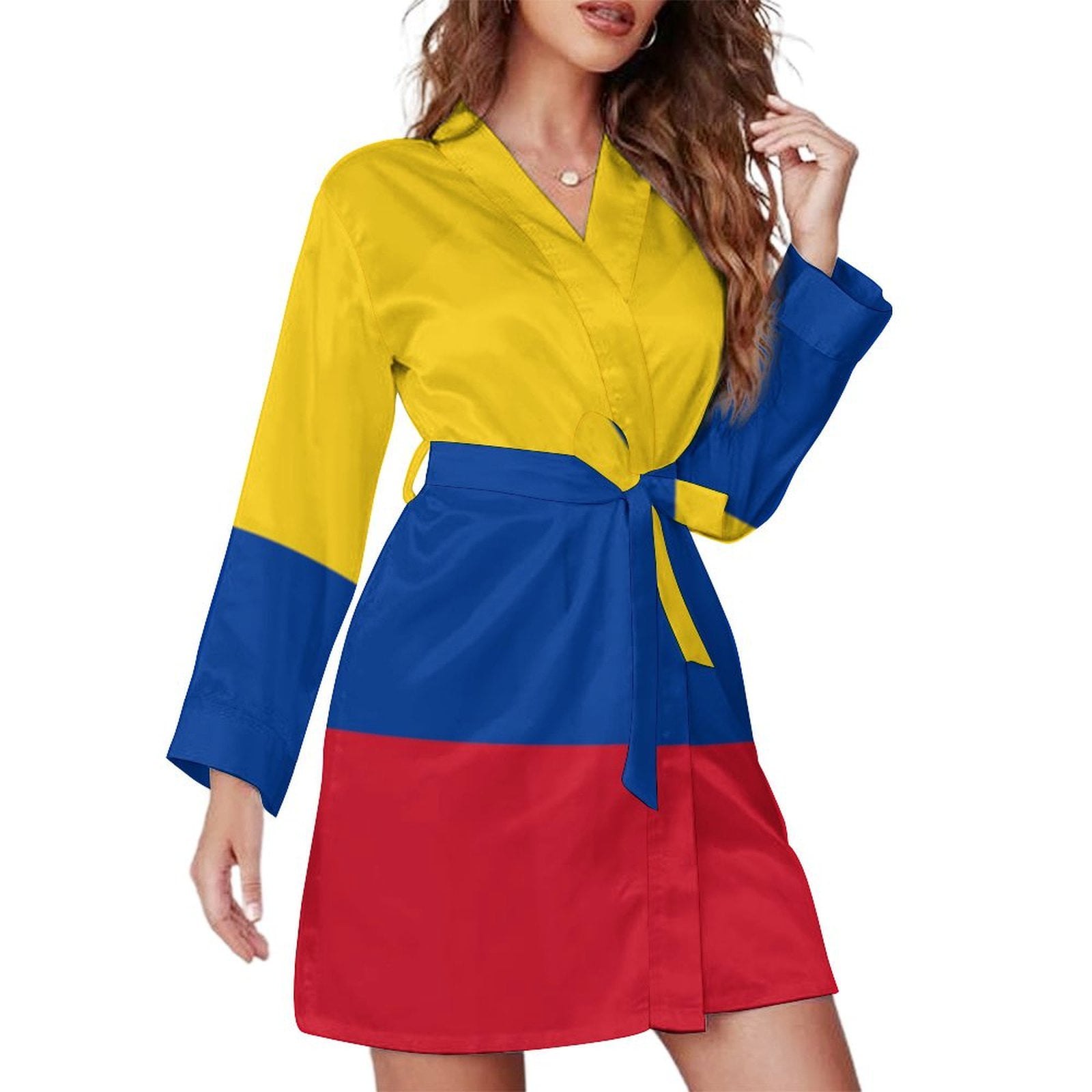 Flag of Colombia Night Robe Long Sleeve V Neck Robe With Belt Women's ...