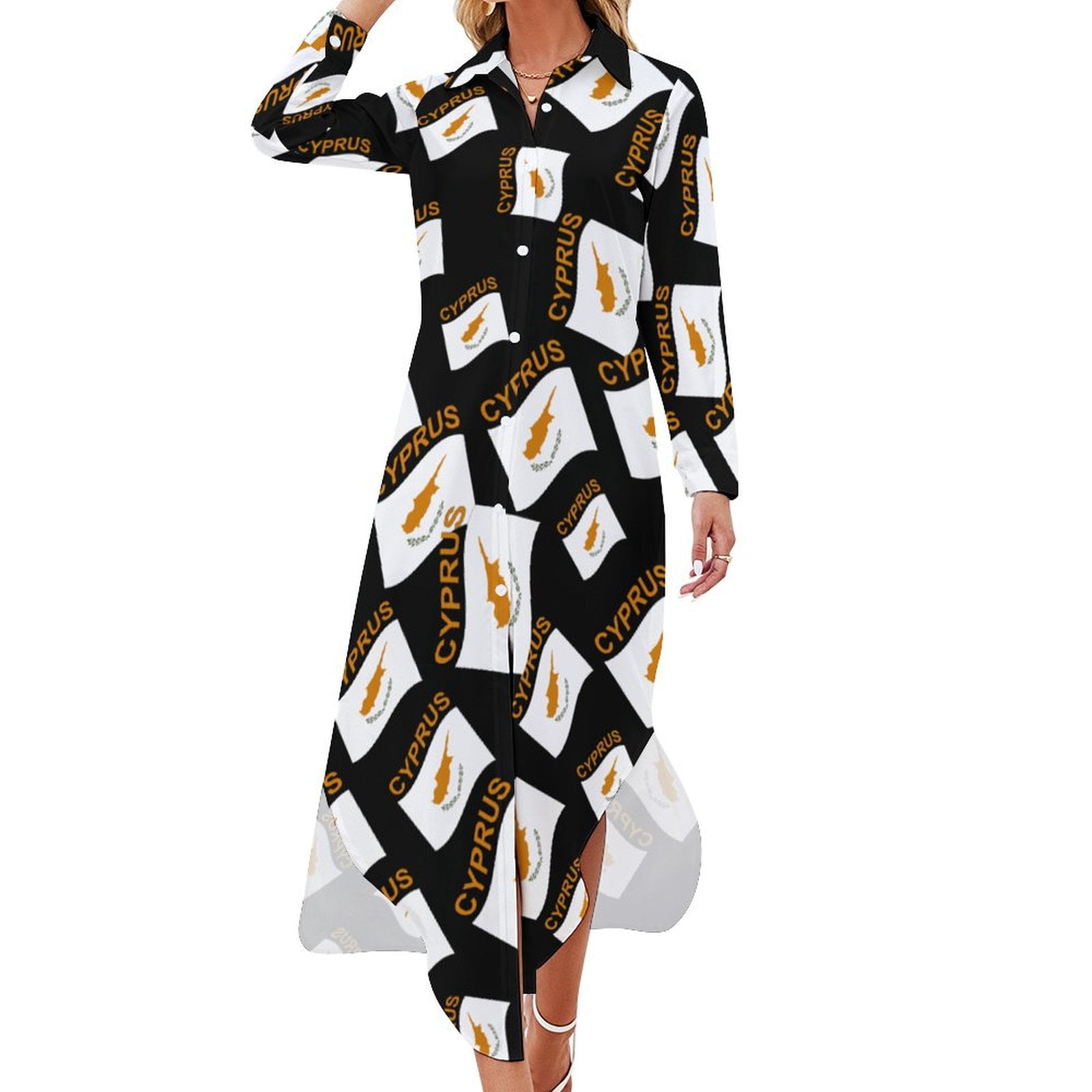 Flag of Cyprus Women's Maxi T Shirt Dress Long Sleeve Lapel Summer ...