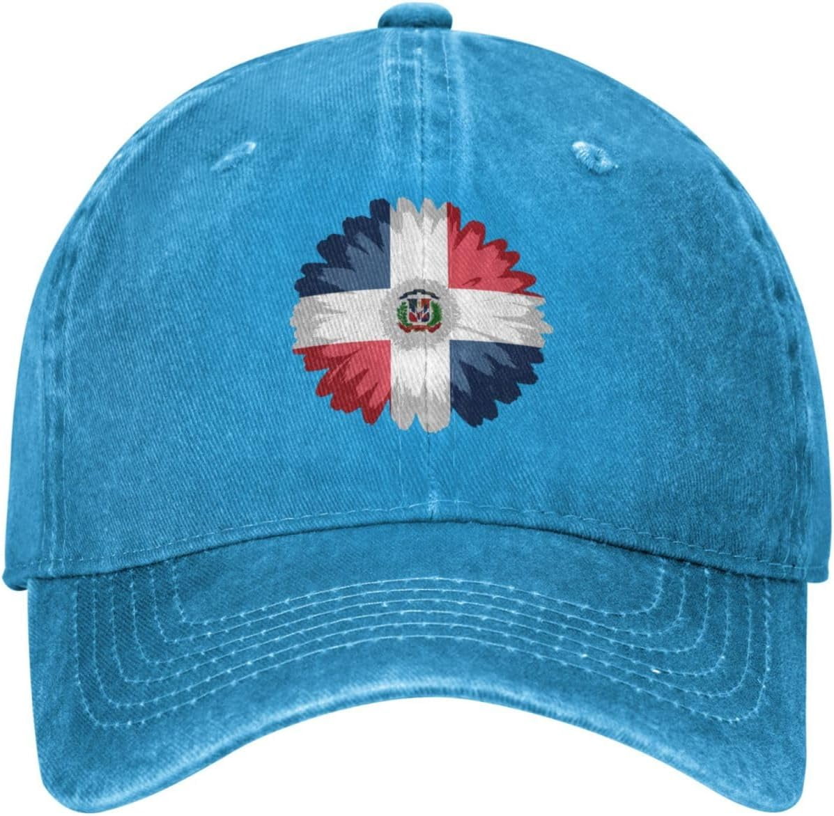 Flag of Dominican Gerbera Daisy Flower Hat Cotton Washed Denim Baseball ...