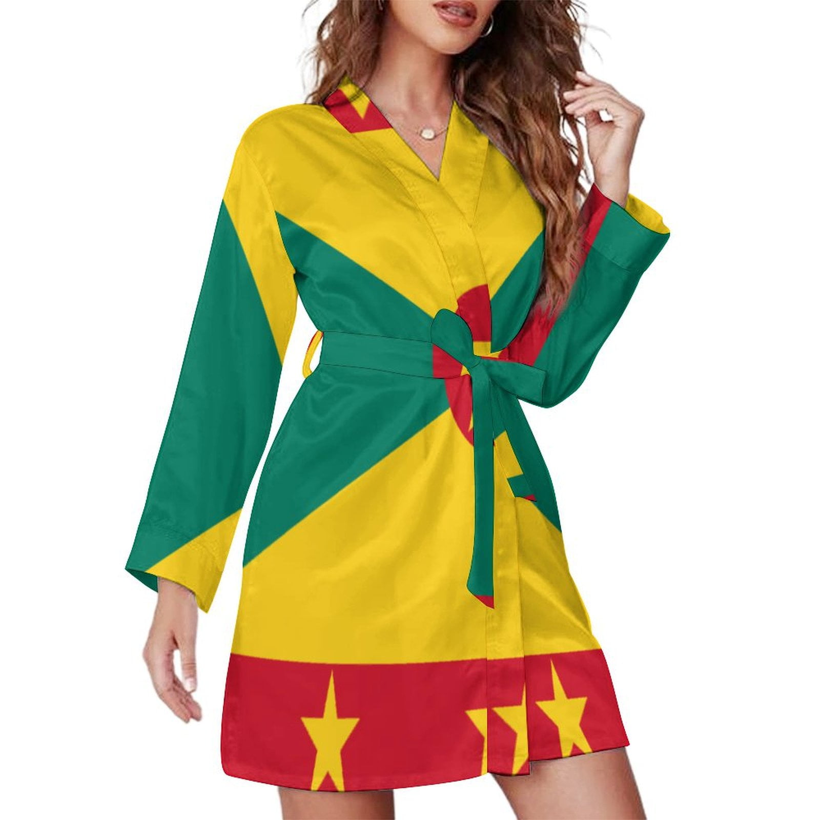 Flag of Grenada Night Robe Long Sleeve V Neck Robe With Belt Women's ...