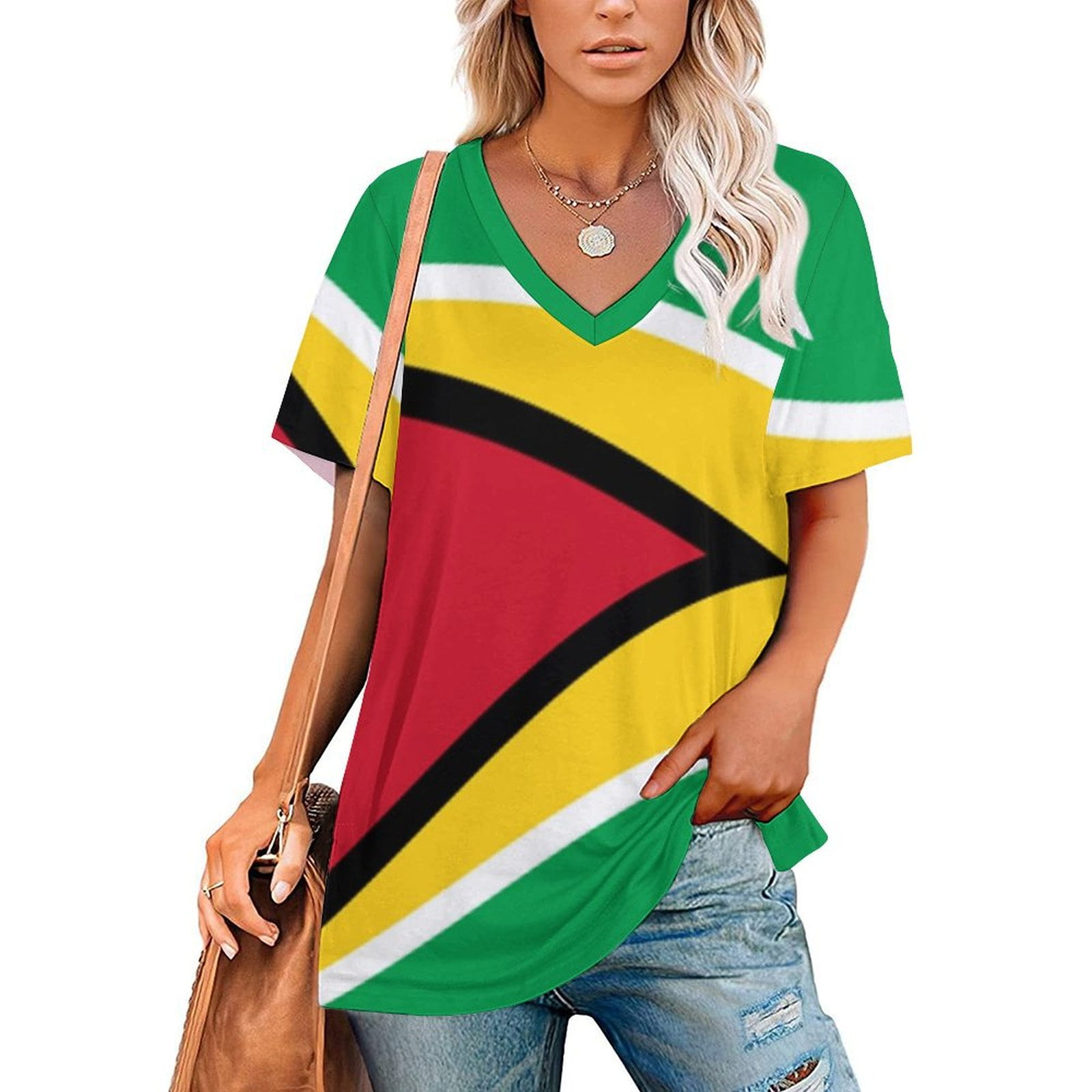 Flag of Guyana.National Flag of Guyana Fashion Female T-Shirt Short Sleeve Lady V Neck Oversize ...