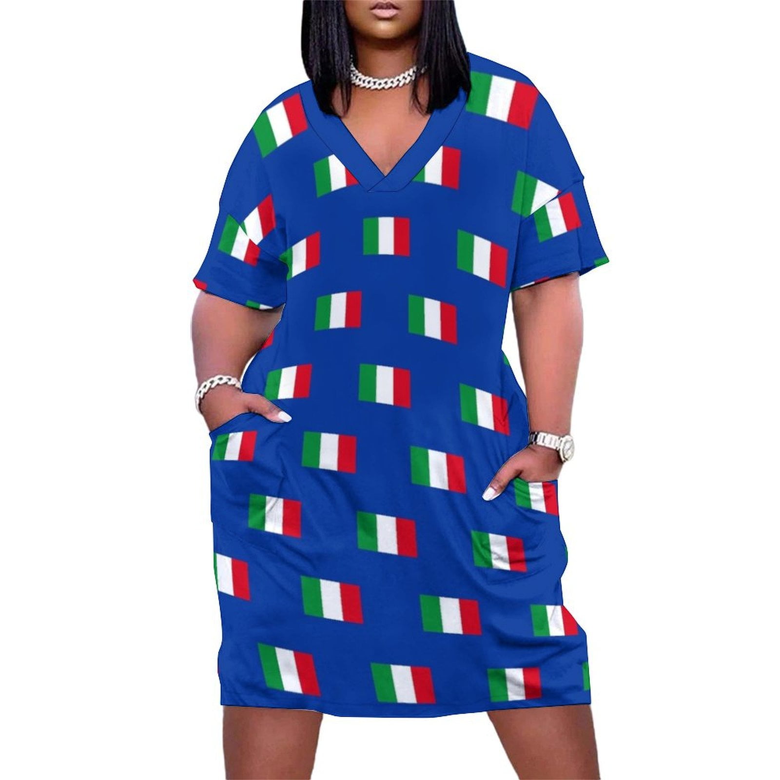 Flag of Italy pattern blue background Bandiera di Italia Loose Pocket Dress Elegant gown women's ...