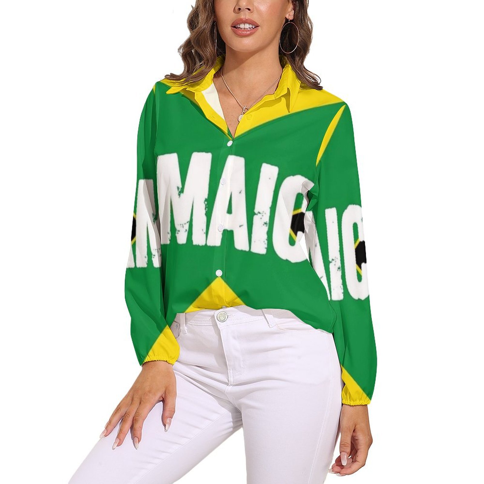 Flag of Jamaica-1 Vntage Casual Long Sleeve Shirt Blouse Woman ...
