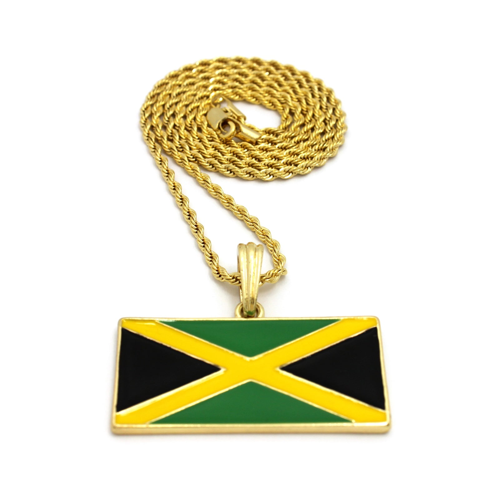 Flag of Jamaica Pendant w/ 2mm 24" Rope Chain Necklace, Gold-Tone ...