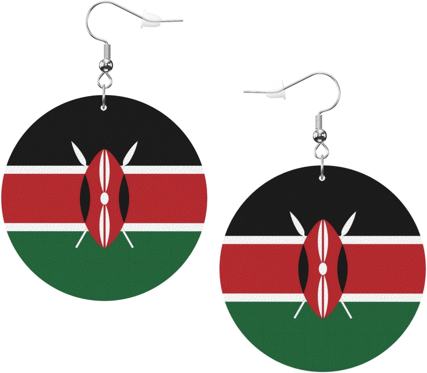 Flag of KenyaWhite Women's Round Leather Earrings, 925 Silver Plated ...