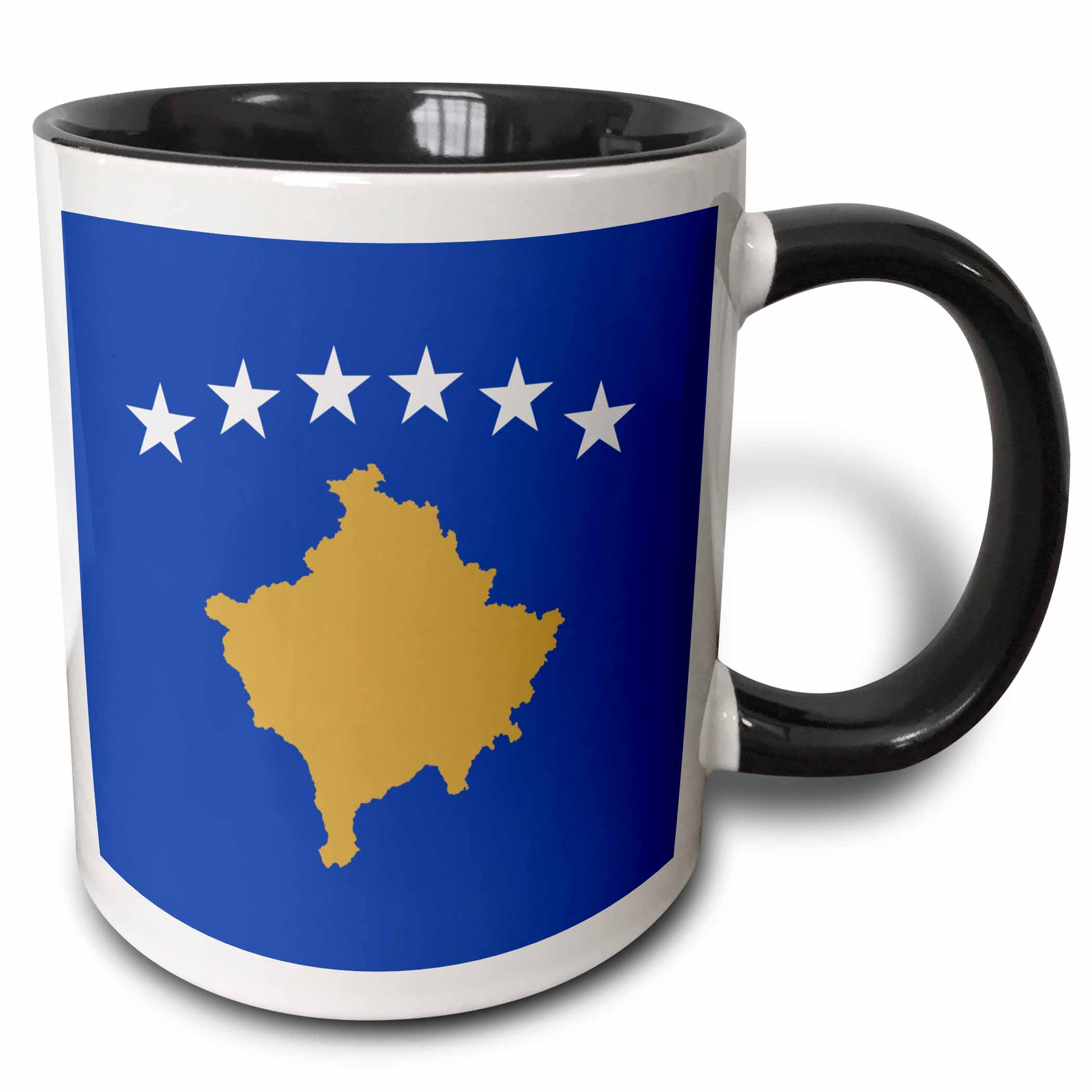 Flag of Kosovo - Blue with six white stars - gold country shape map ...