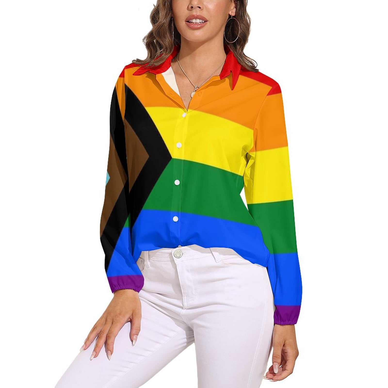 Flag of Progressive Pride Long Sleeve Blouse Woman Streetwear Casual ...