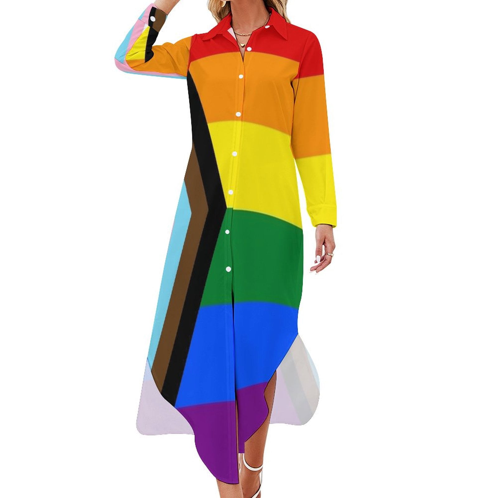 Flag of Progressive Pride Shirt Dress Long Sleeve Street Fashion V Neck ...