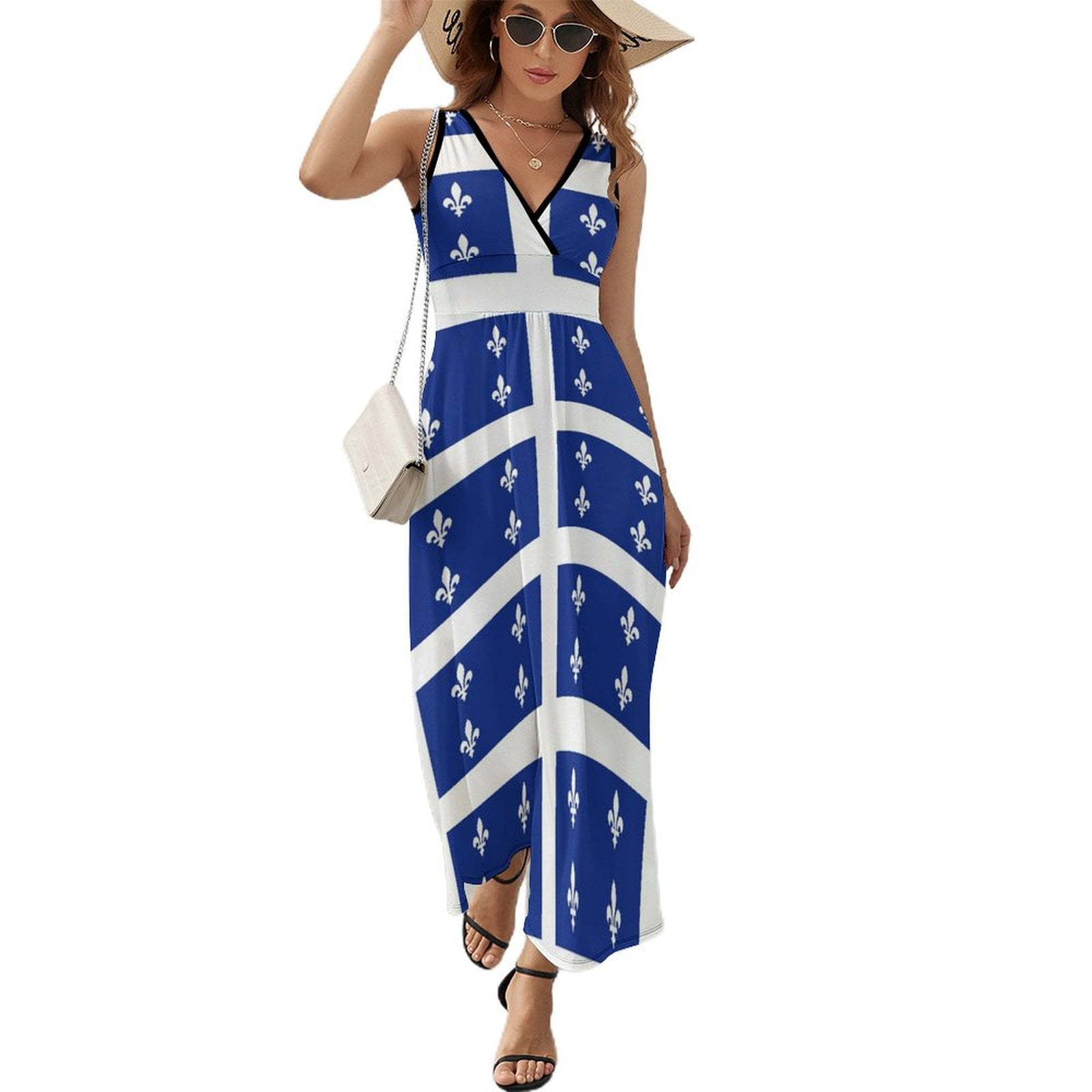 Flag of Quebec Province Canada Womens V-Neck Maxi Dresses Sleeveless ...